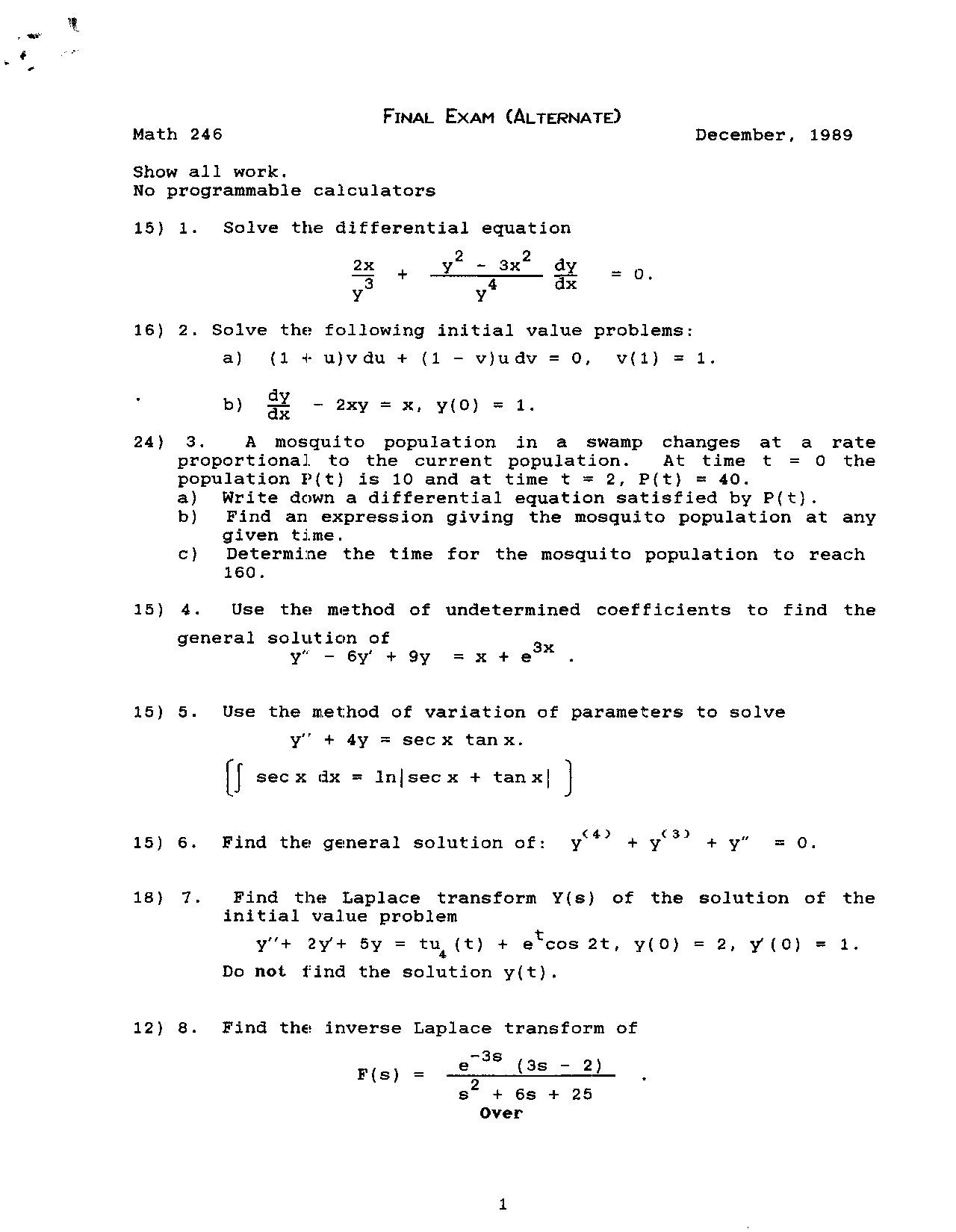 Differential Equations For Engineers And Scientists Final Exam Math