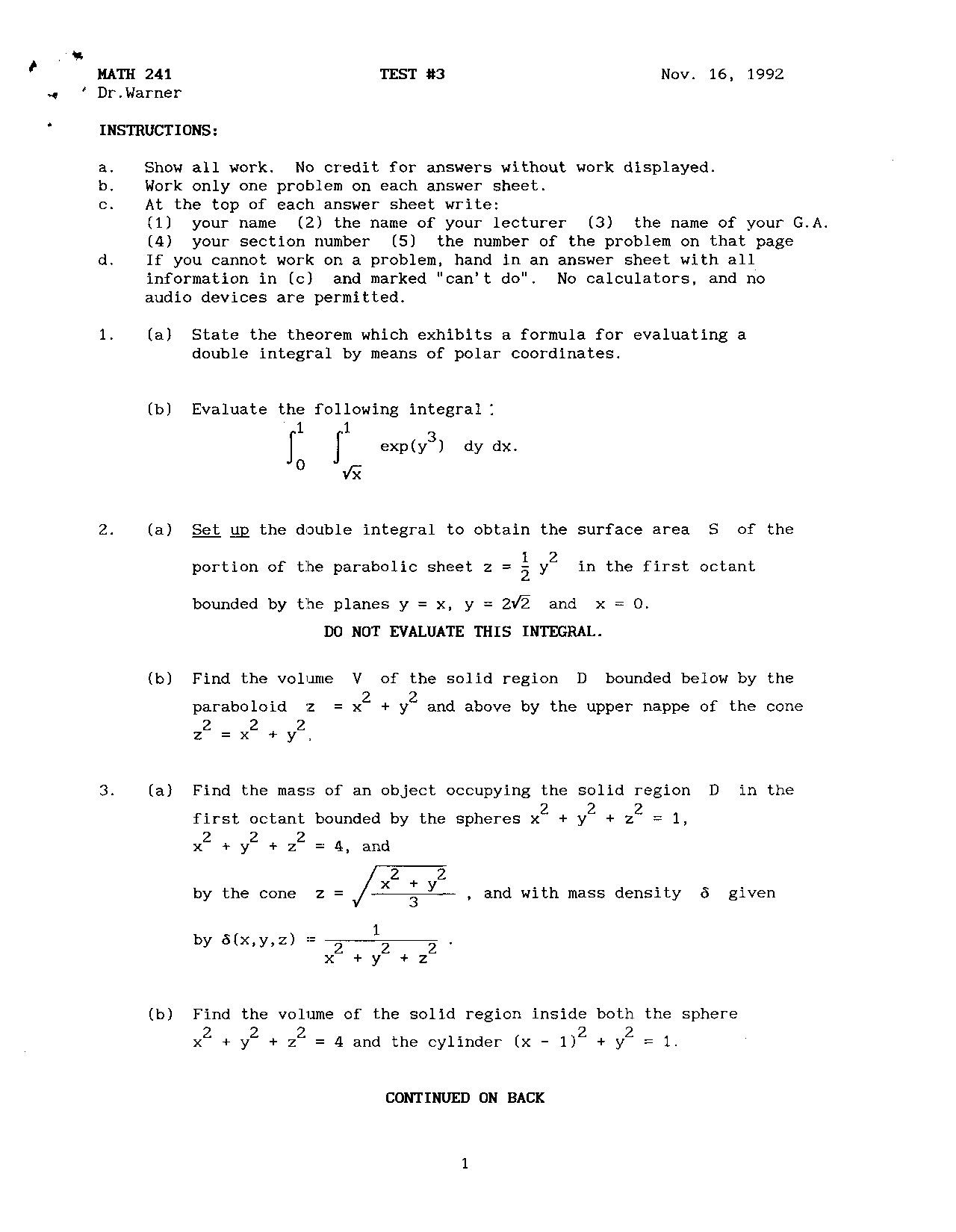 Test 3, questions only - Calculus III | MATH 241 - Docsity