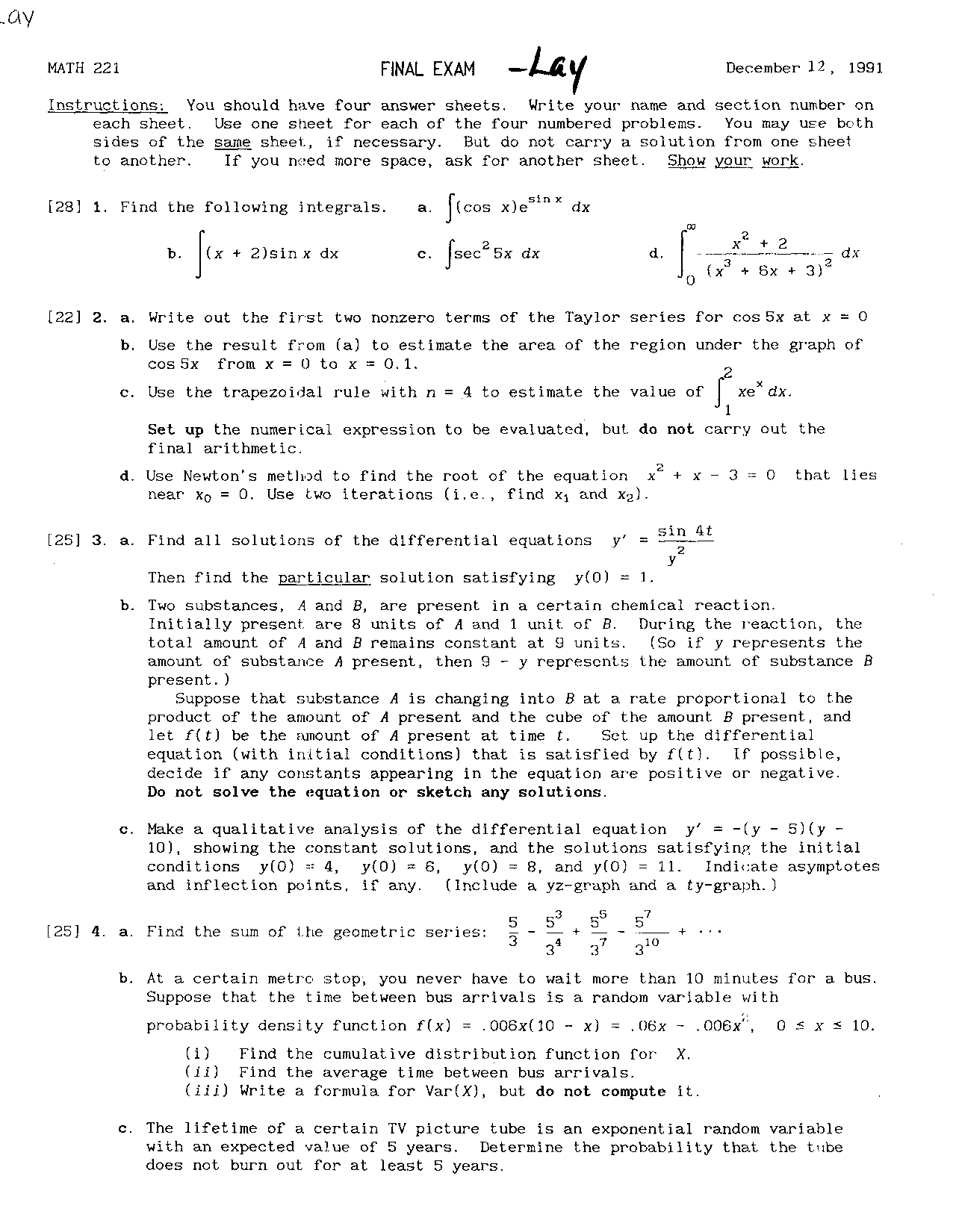Final Exam Elementary Calculus I Math 221 Docsity