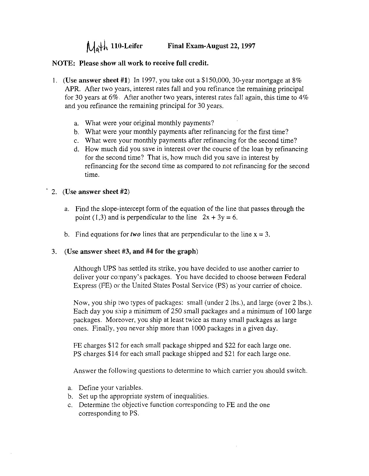 Final Exam With Questions Elementary Mathematics Models Math 110