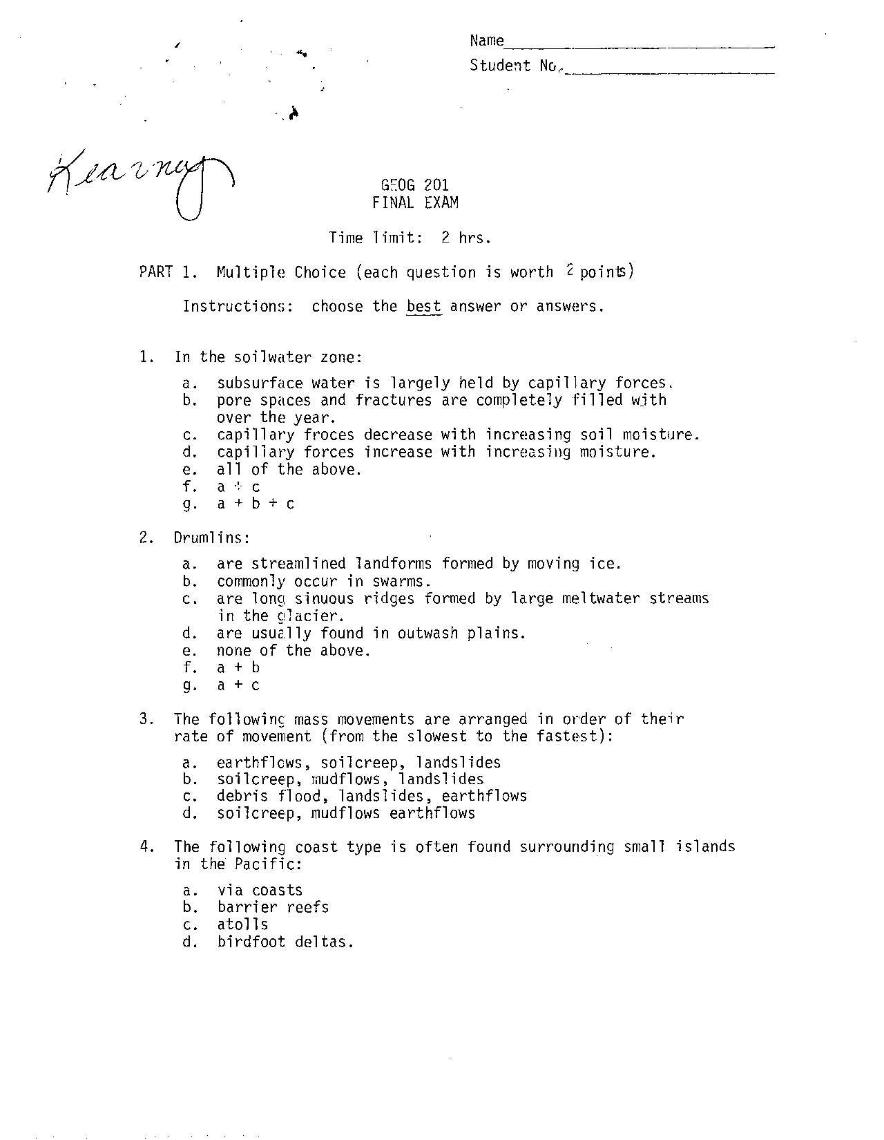 Final Exam Questions Environmental Geology System Geog 201 Docsity