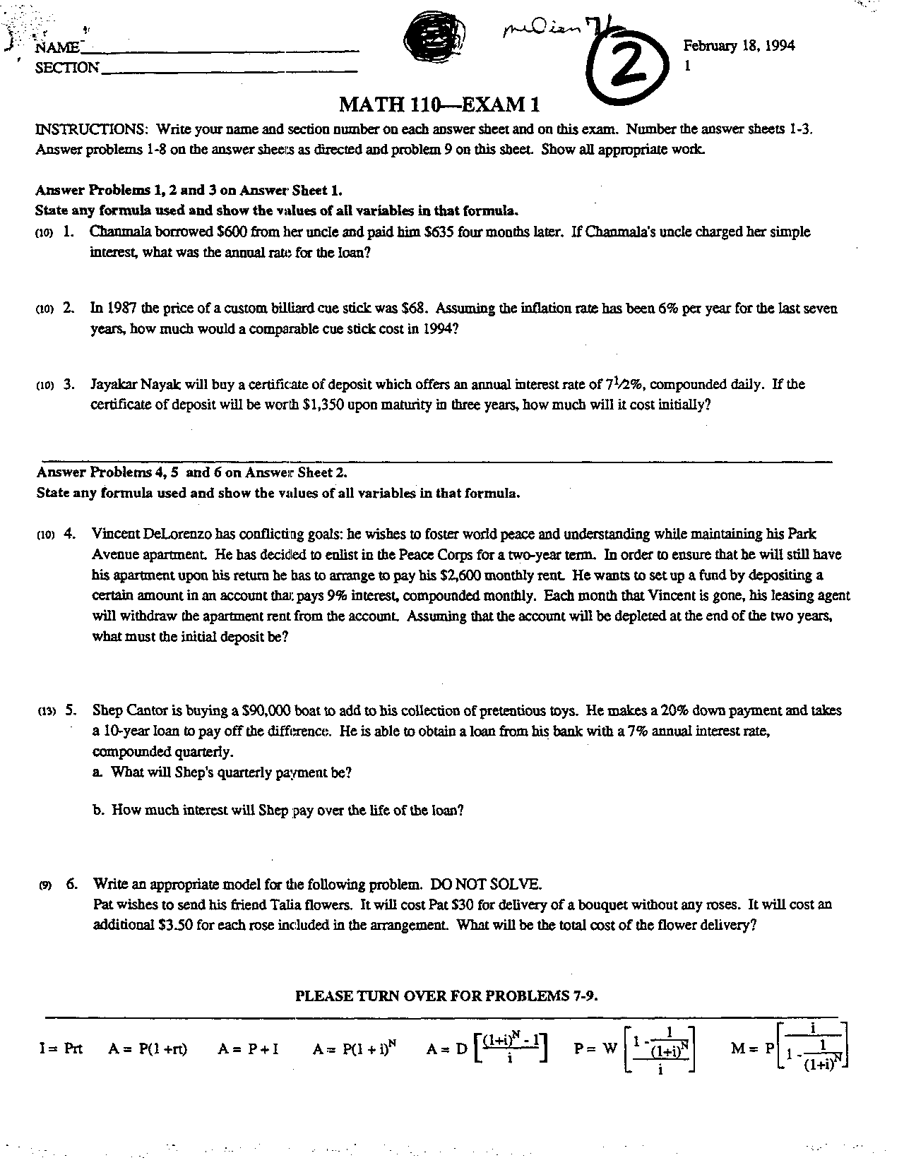 Exam 1 For Elementary Mathematical Models Math 110 Docsity
