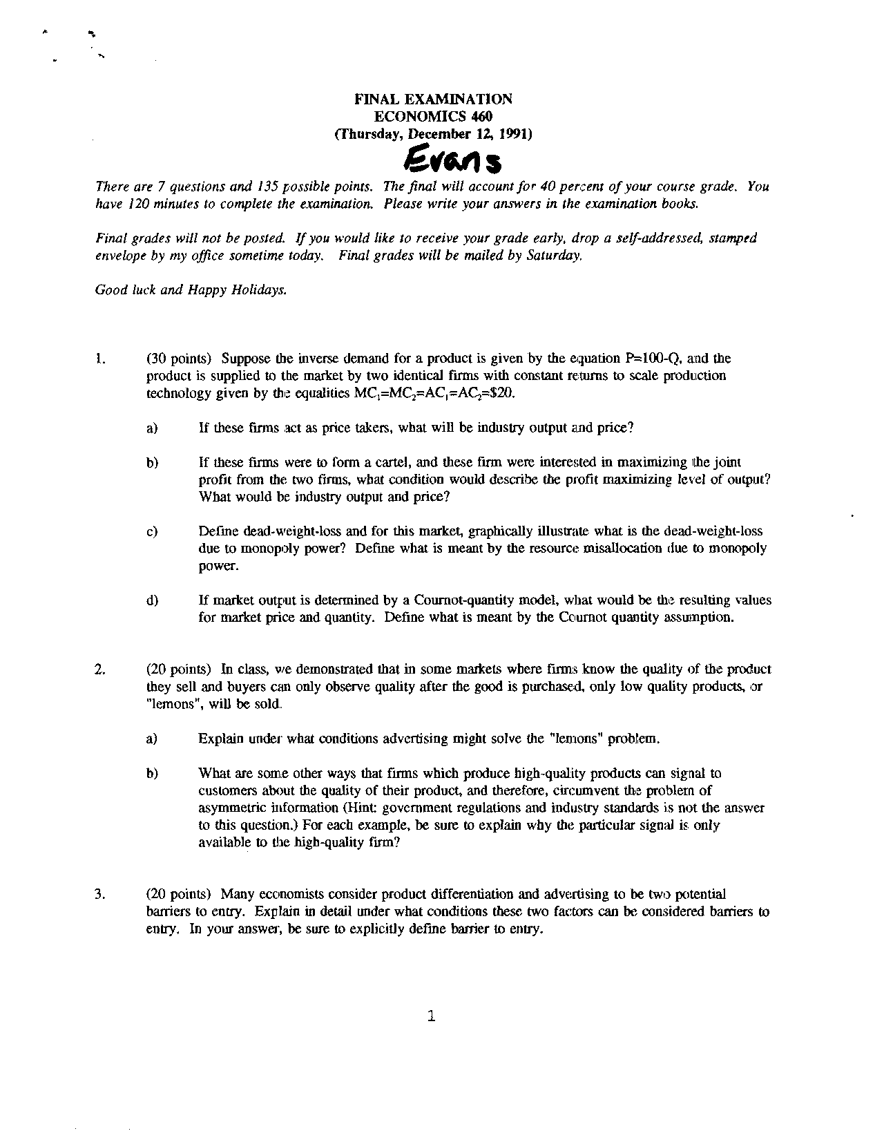 Final Examination With 7 Questions Industrial Organization Econ 460