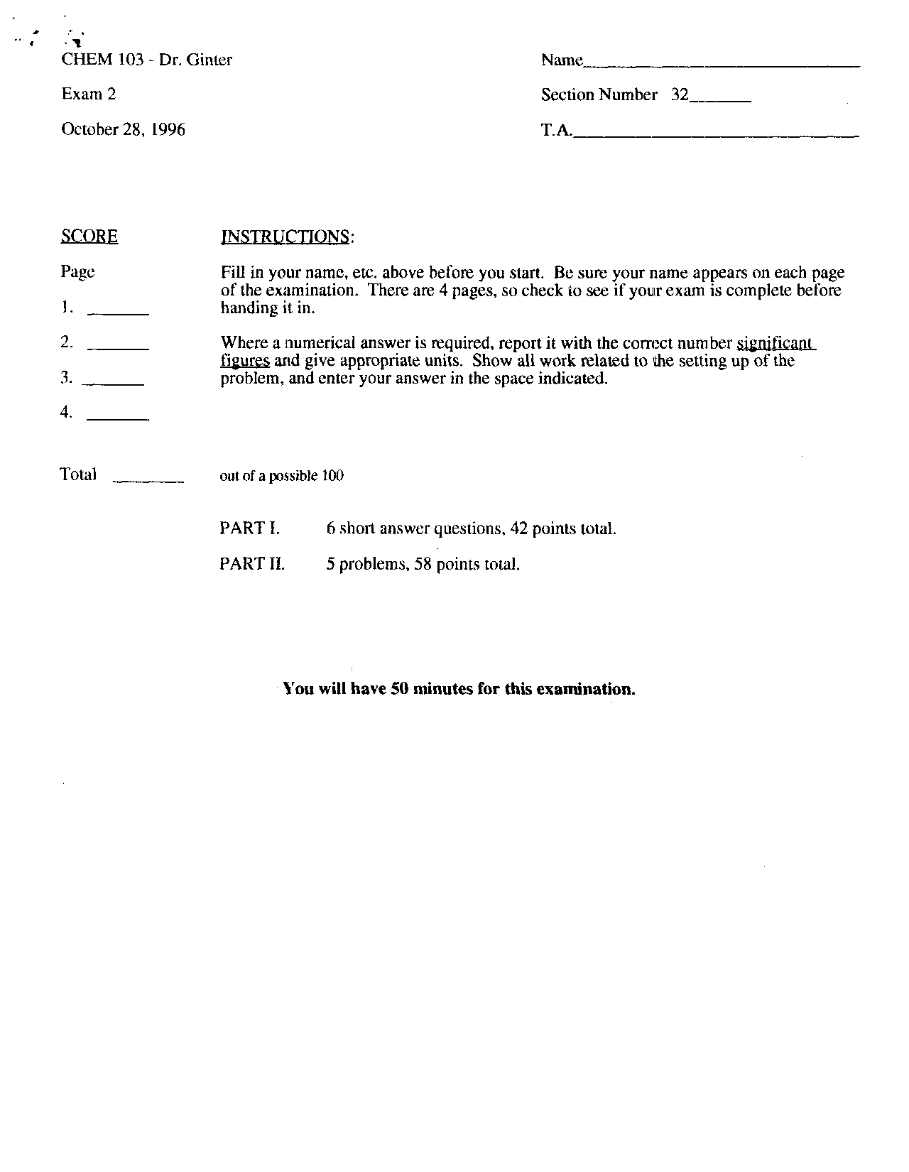 Unsolved Exam 2 Chemistry Fundamental I Chem 131 Docsity
