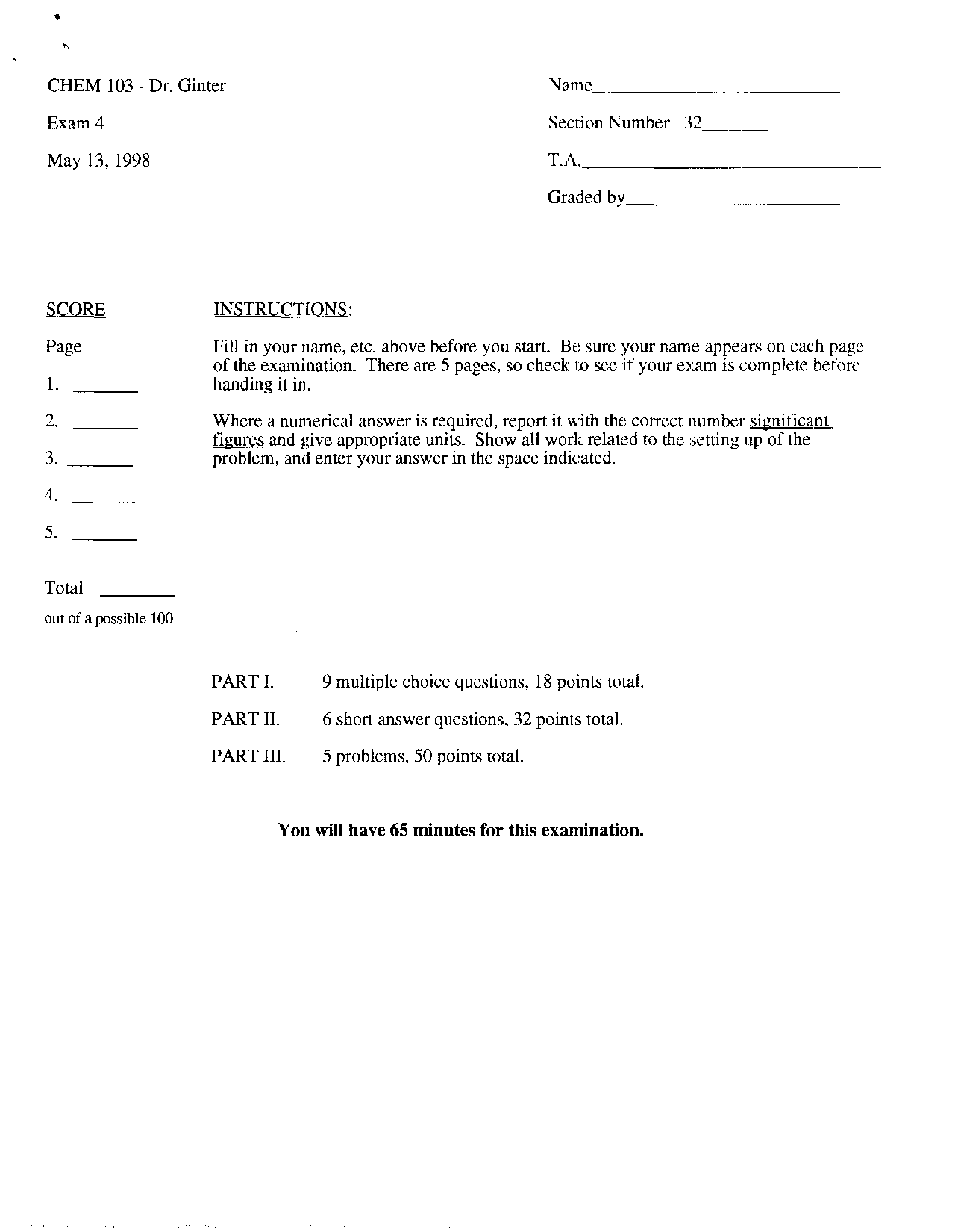 Exam 4 Multiple Choice Questions Chemistry Fundamentals I 1998