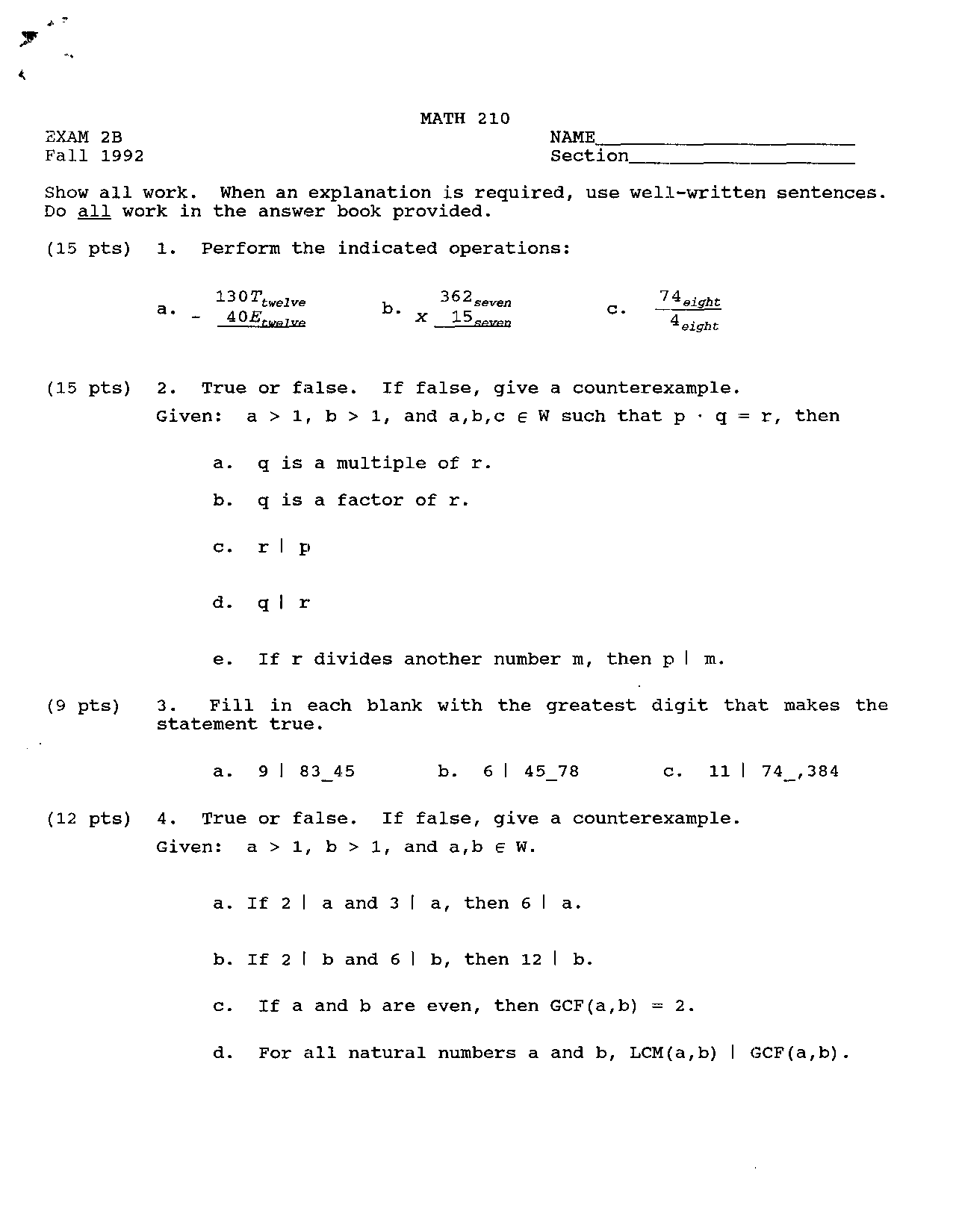 Exam 2B Questions - Elements of Numbers and Operations | MATH 212 - Docsity