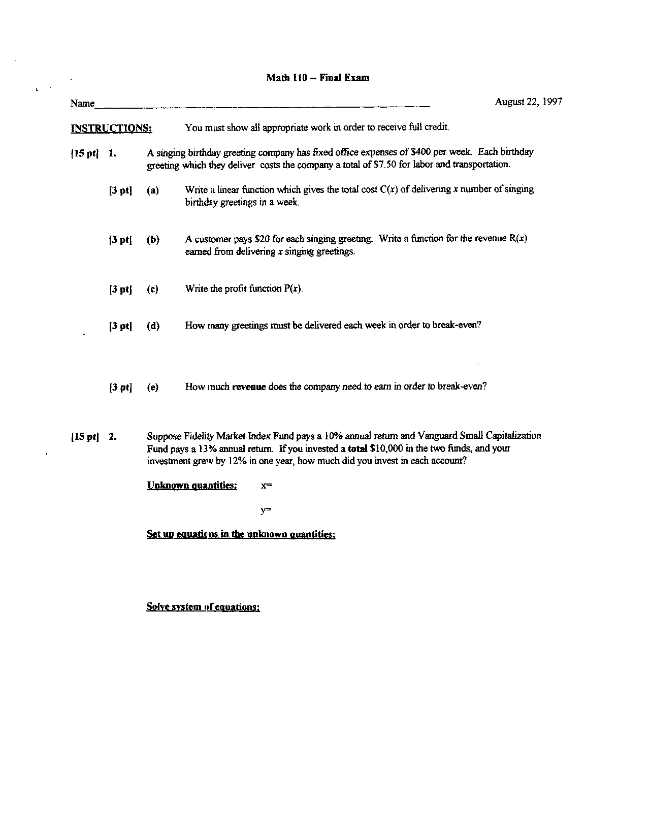 Practice Final Exam For Elementary Mathematical Models Math 110 Docsity