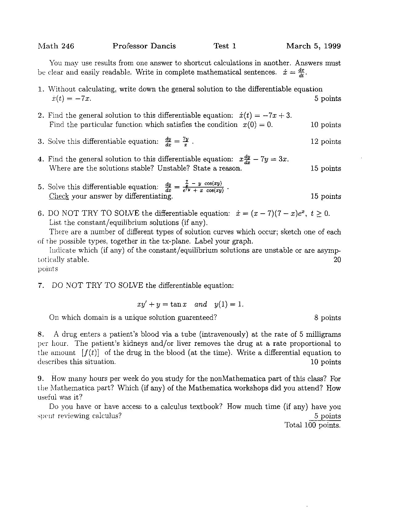 Test 1 Questions On Differential Equations For Scientist And Engineers
