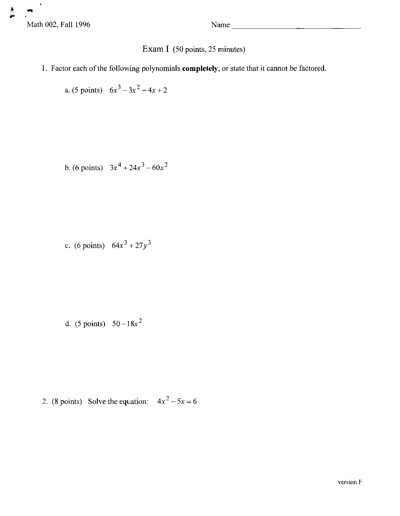 Exam 1 with 5 Questions - Developmental Mathematics - Fall 1996 | MATH ...