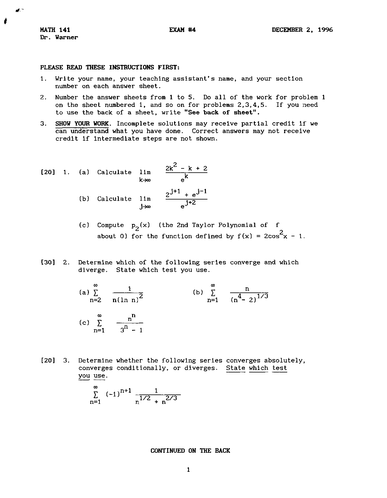 Calculus II - 5 Questions in Past Exam 4 | MATH 141 - Docsity
