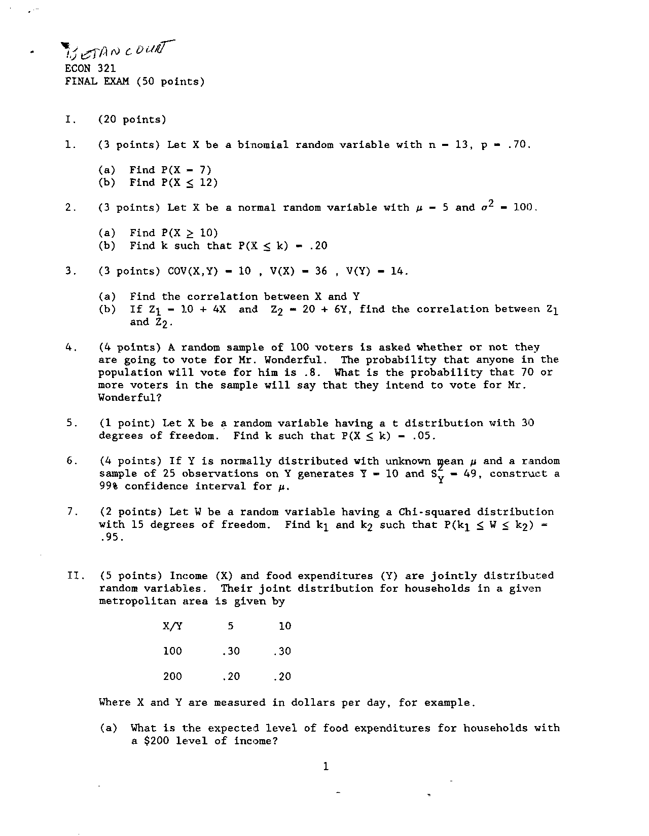 Economics Statistics - Final Exam | ECON 321 - Docsity
