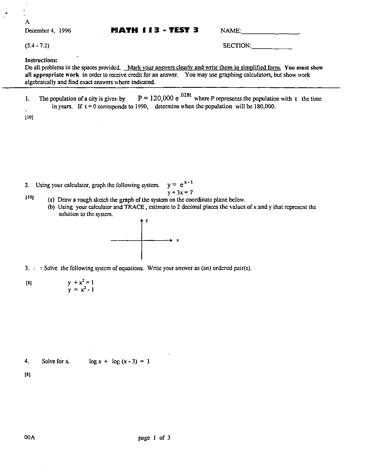 Exam 3 with Solution - College Algebra and Triangular – 1996 | MATH 113 - Docsity