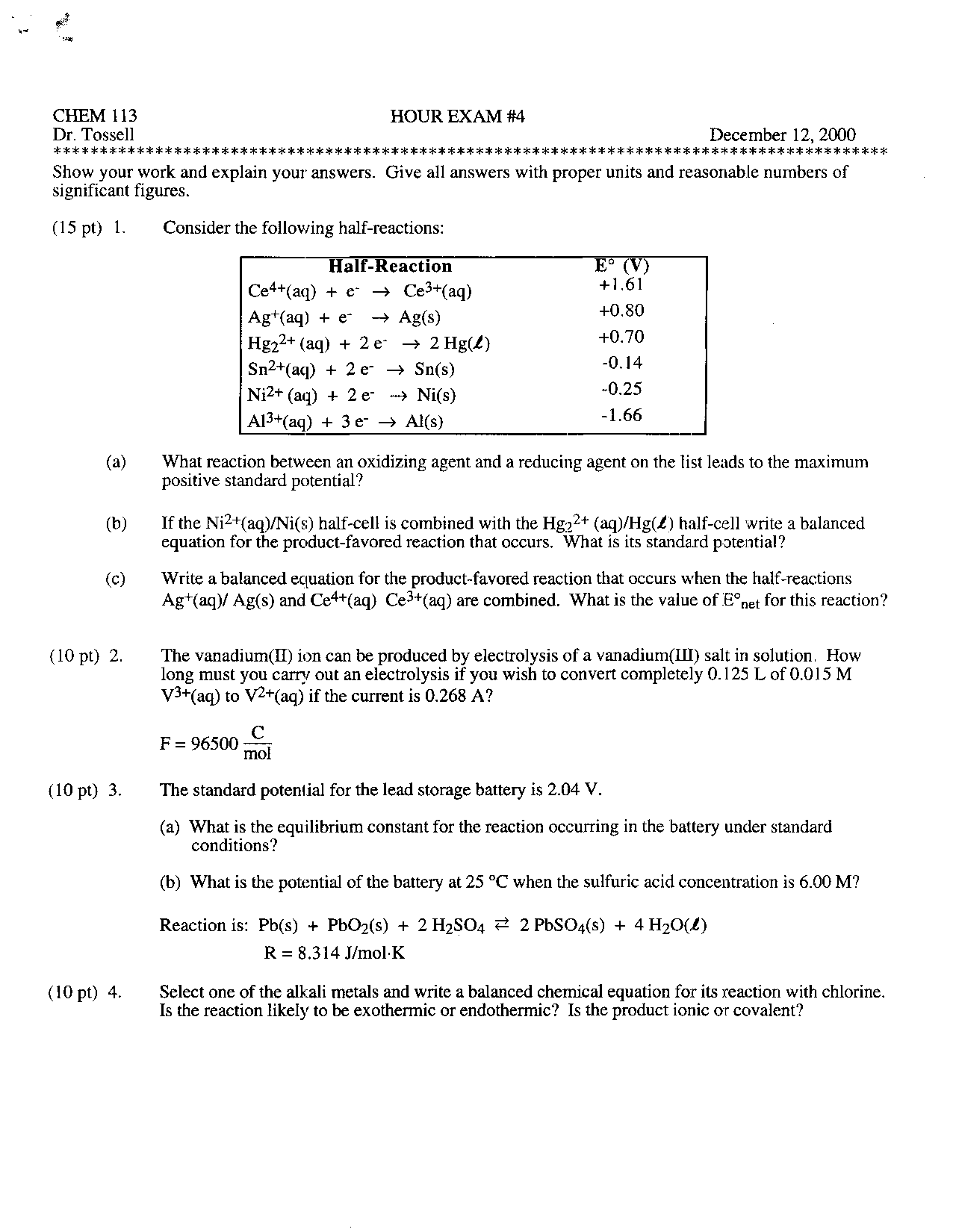 9 Questions Exam 4 Fundamentals Of Chemistry Chem 271 Docsity