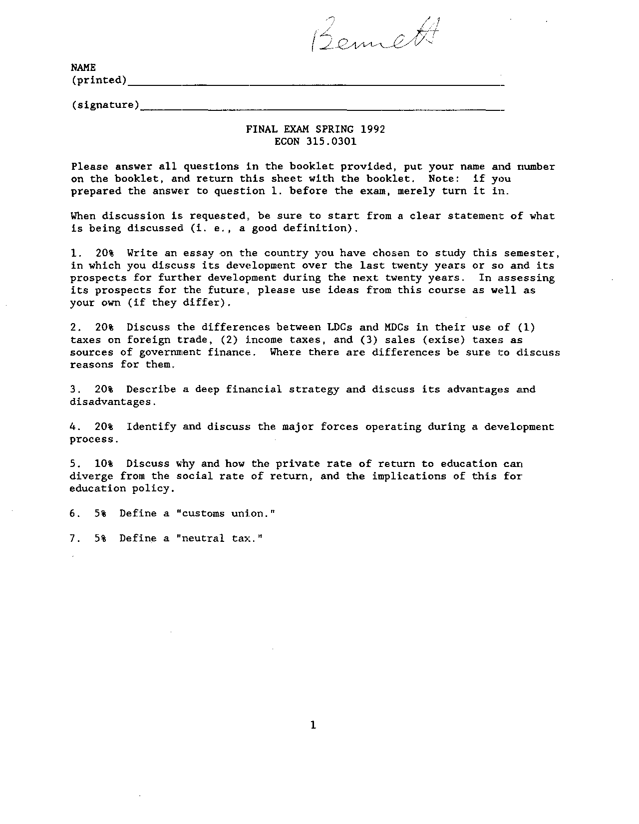 Final Exam With 7 Questions Economic Development Of Underdeveloped
