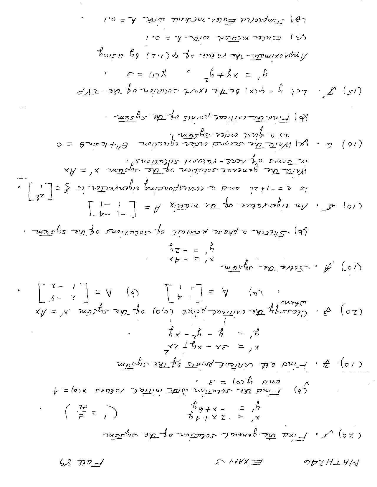 Exam 3 With Questions Differential Equations For Science Fall 1989