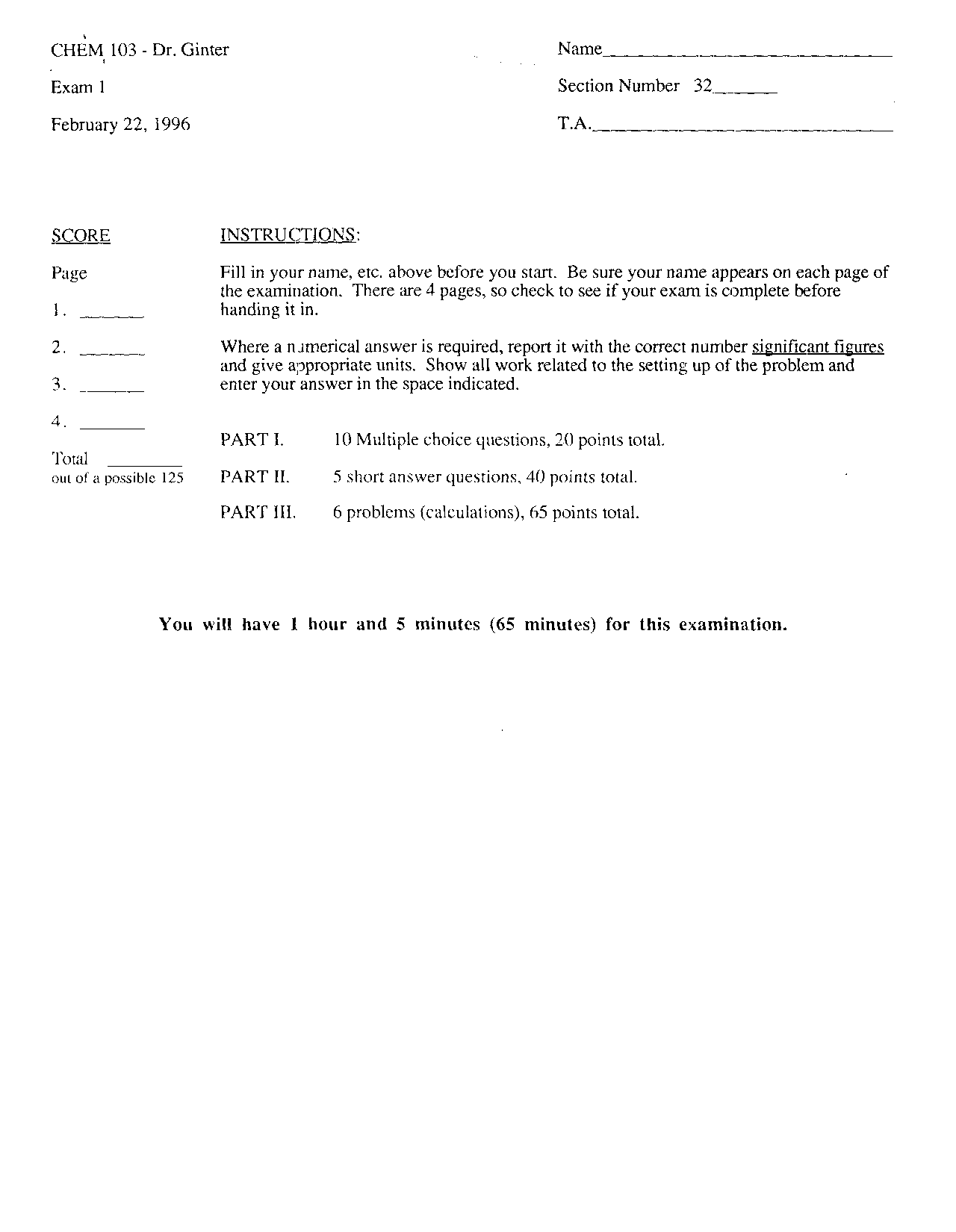 Exam 1 for Fundamentals of Chemistry I | CHEM 131 - Docsity