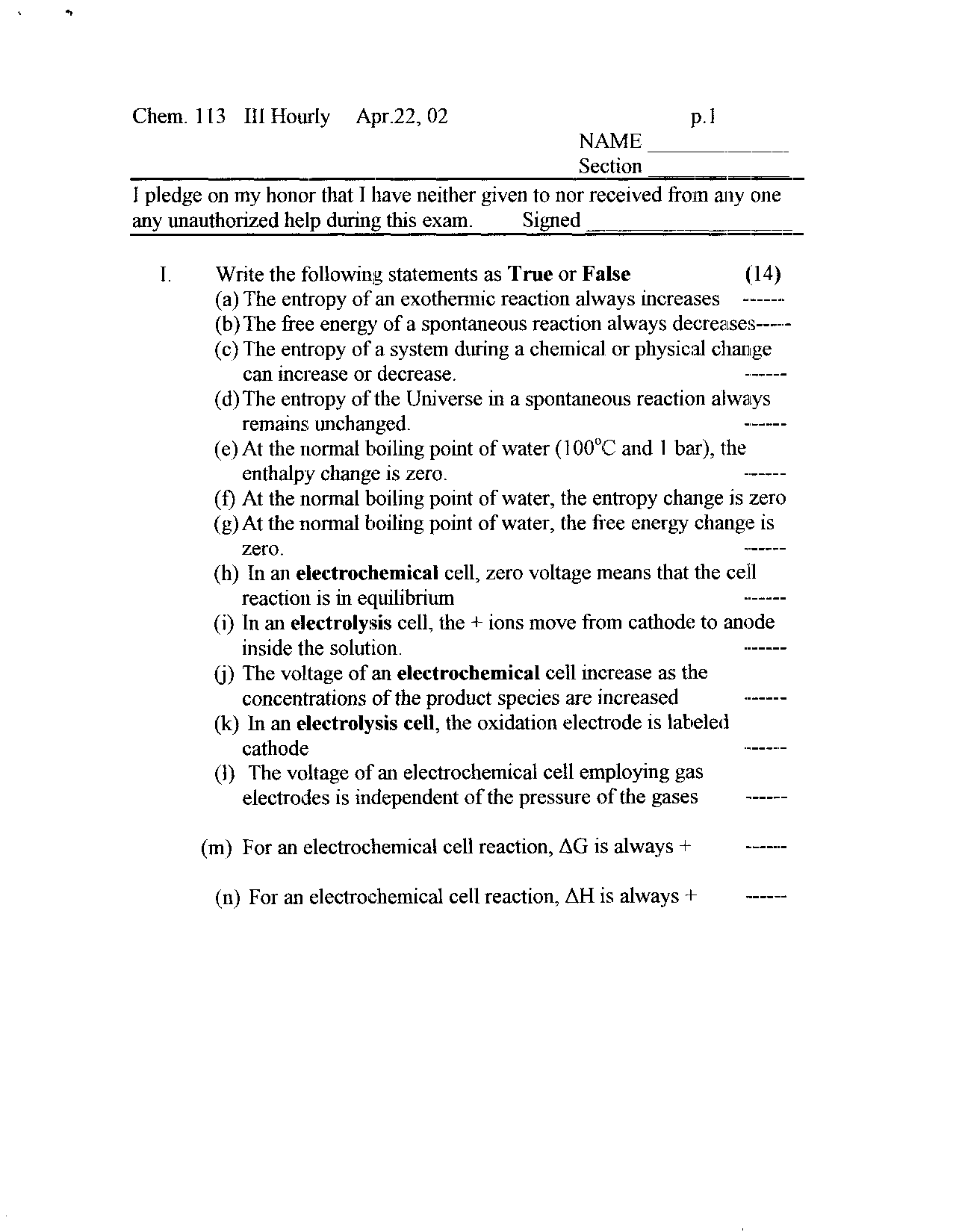 Exam 3 General Chemistry Laboratory For Engineers Chem 113 Docsity