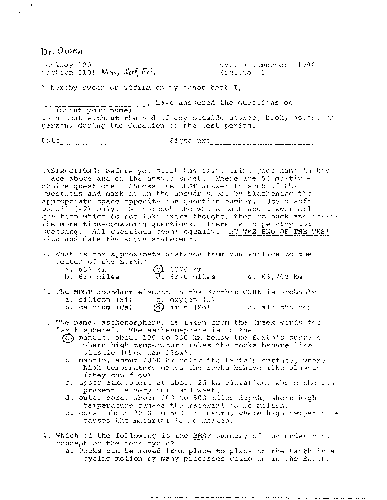 Midterm Exam 1 Solutions For Physical Geology Geol 100 Docsity
