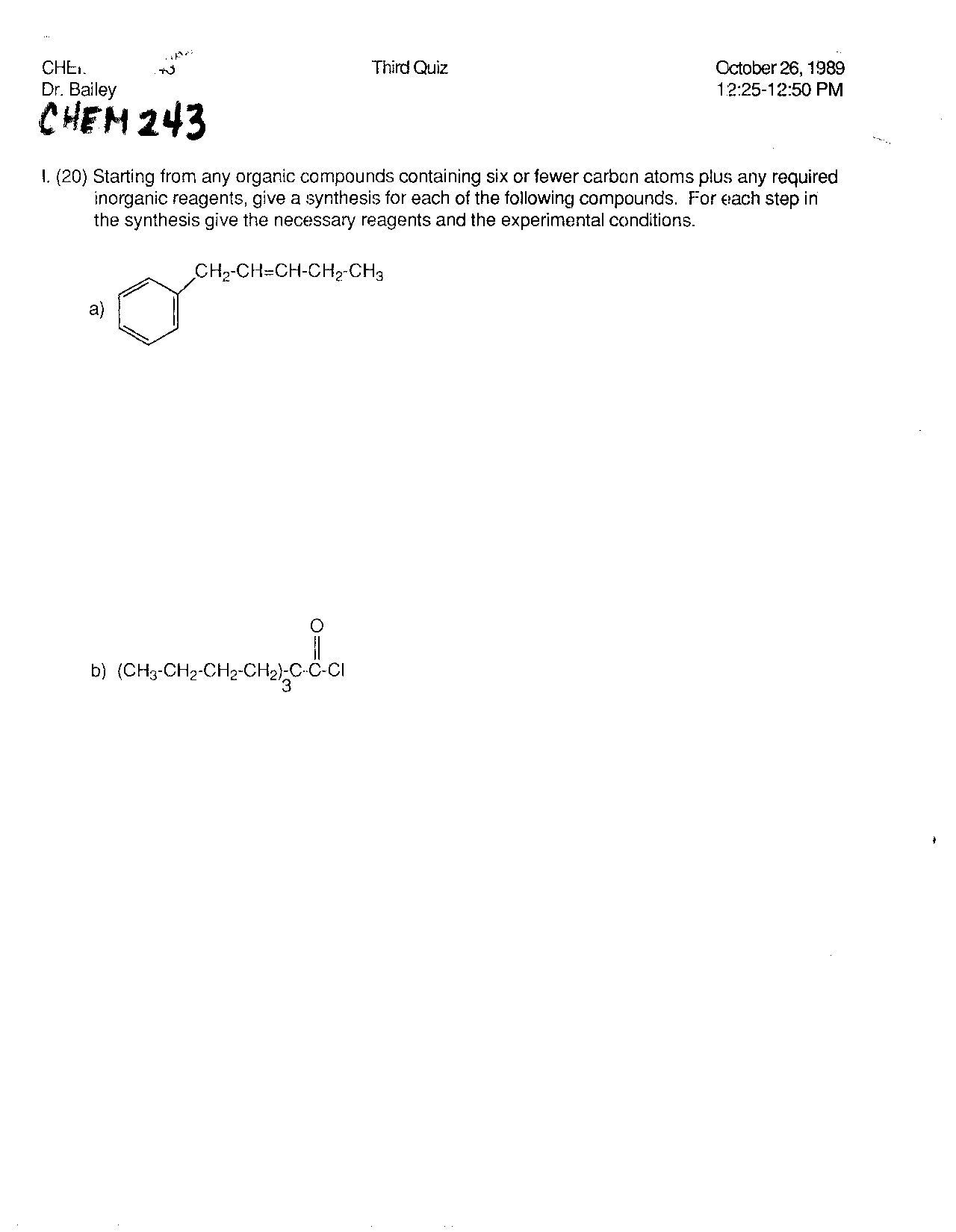 Questions On Organic Chemistry Ii For Quiz 3 Chem 241 Docsity