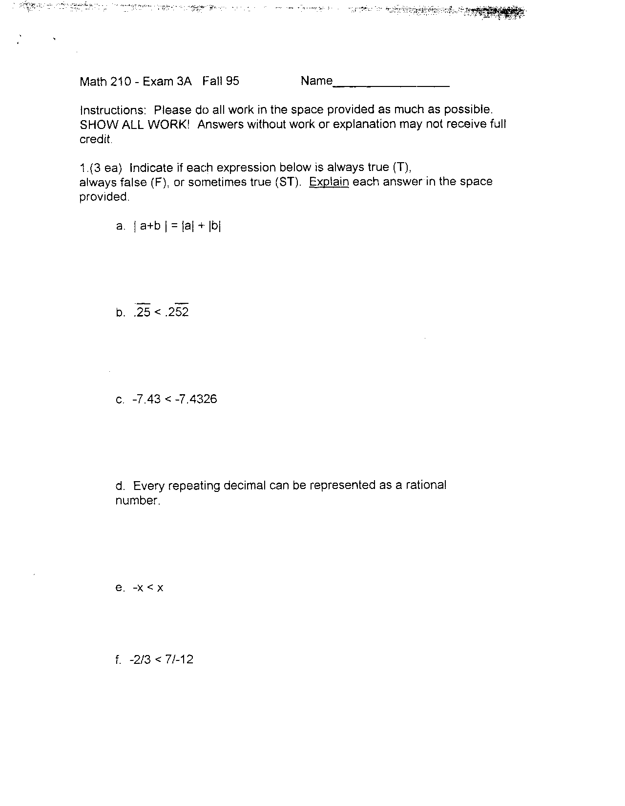 Exam 3A with 10 Questions - Elements Numbers and Operating’s - Fall ...