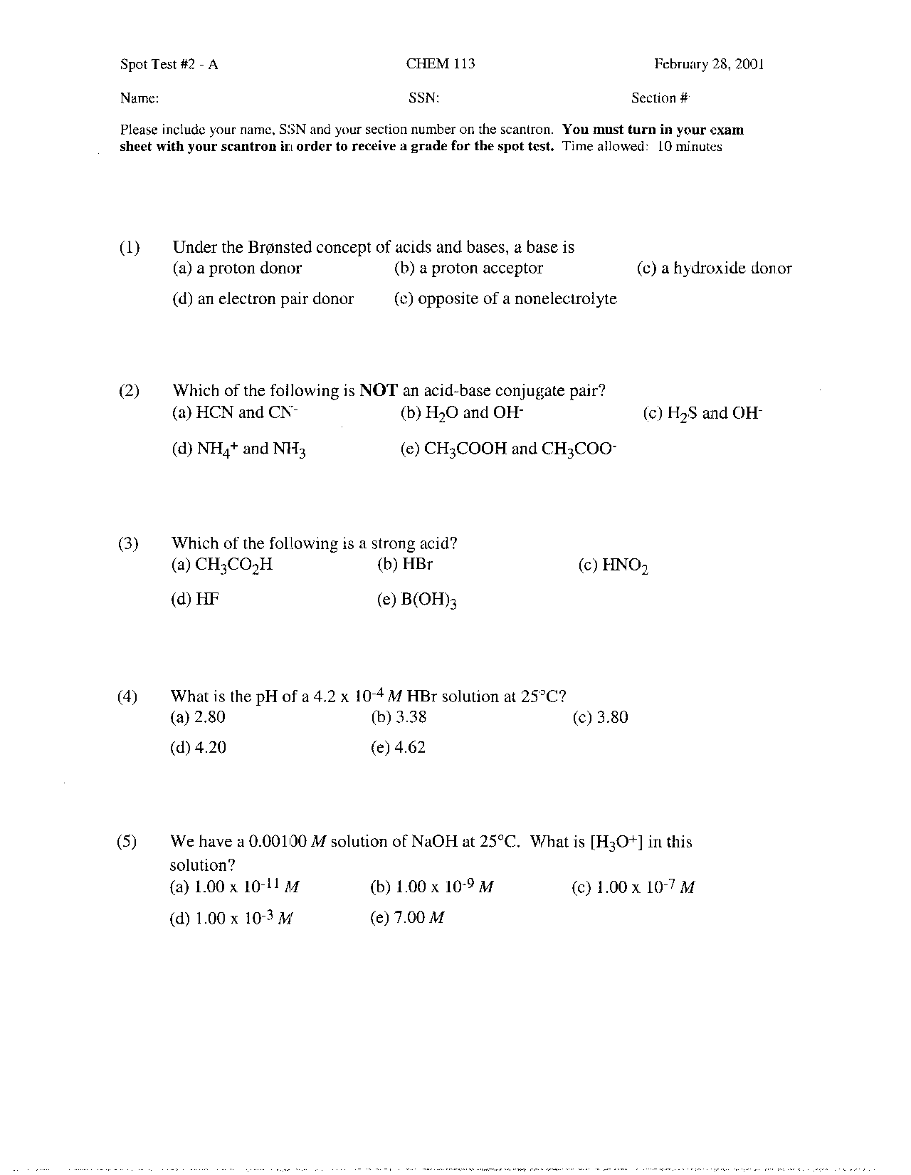 Test 2a 5 Questions Chemistry Fundamentals Ii 2001 Chem 271 Docsity