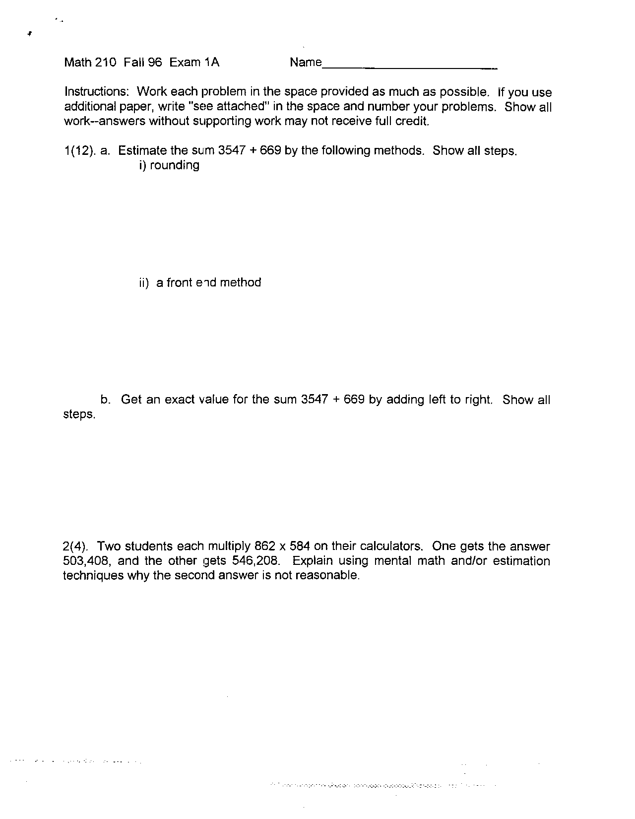 11 Problems On Elementary Numbers And Operations Exam 1 Math 212
