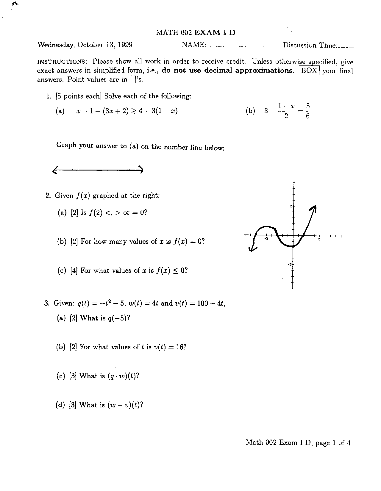 Exam 1D - Developmental Mathematics | MATH 003 - Docsity