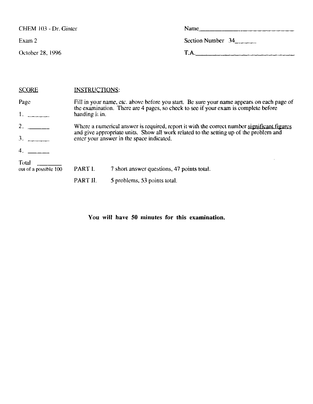 Exam For Chemistry Fundamentals I Chem 131 Docsity