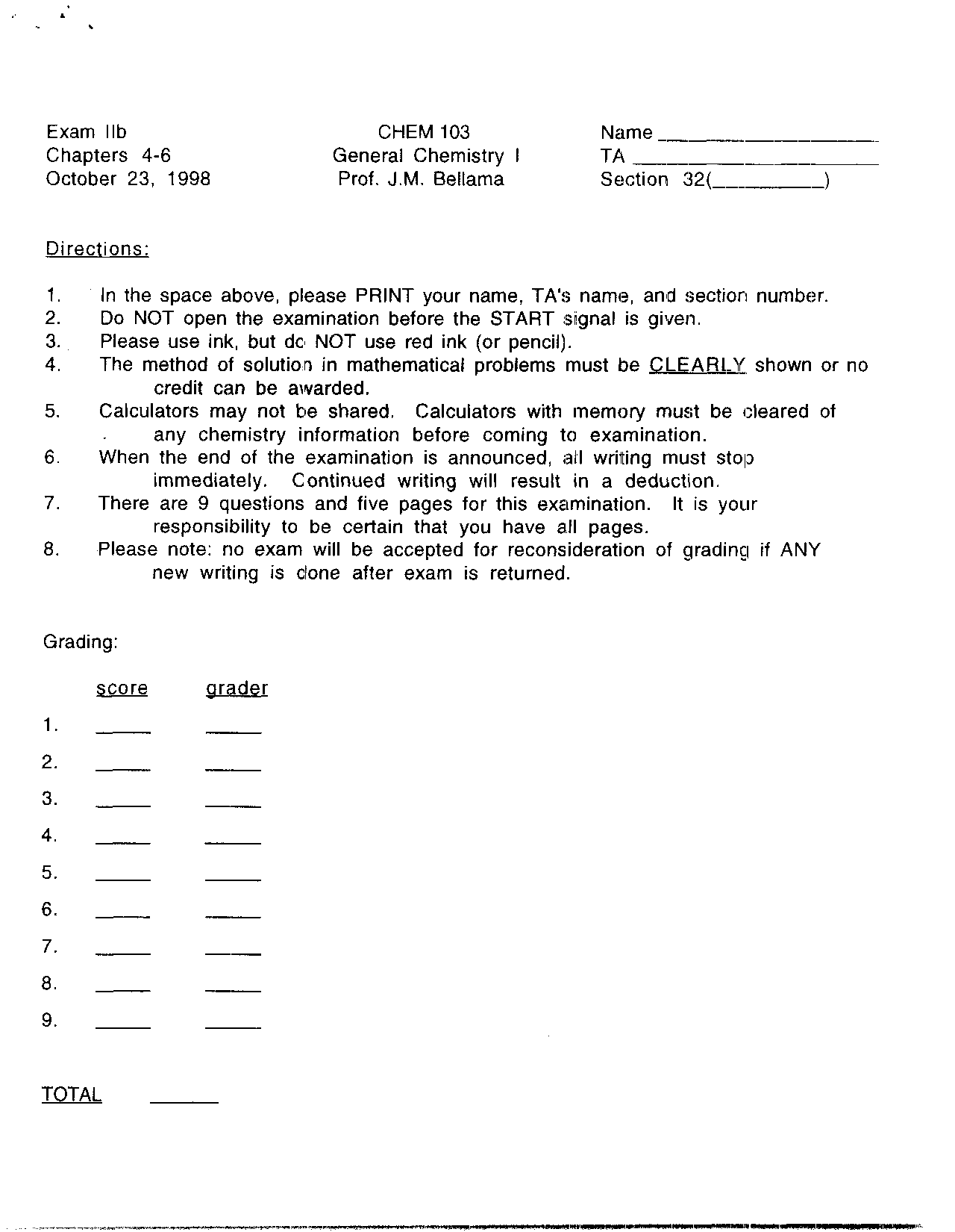 Exam 2 B 9 Questions Chemistry Fundamentals I 1998 Chem 131 Docsity
