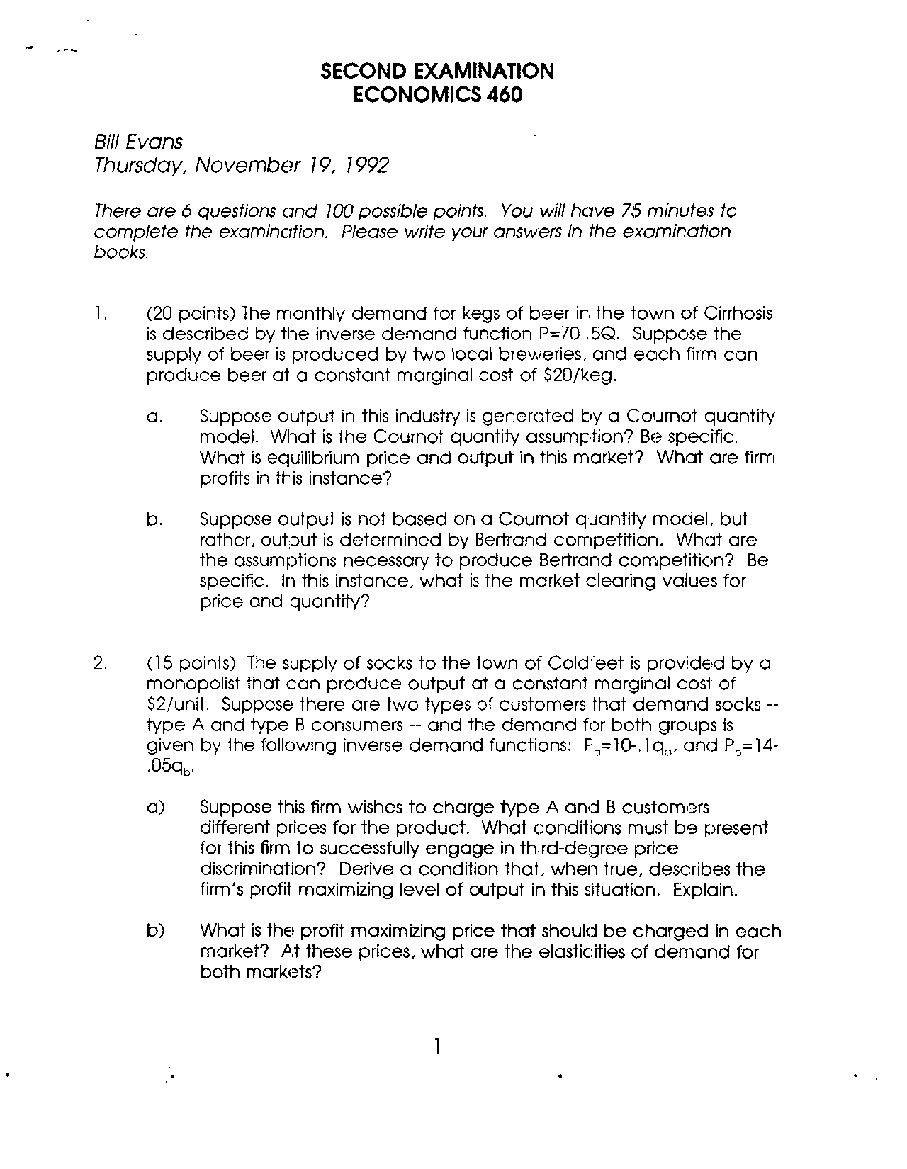 Second Exam Questions Industrial Organization Econ 460 Exams