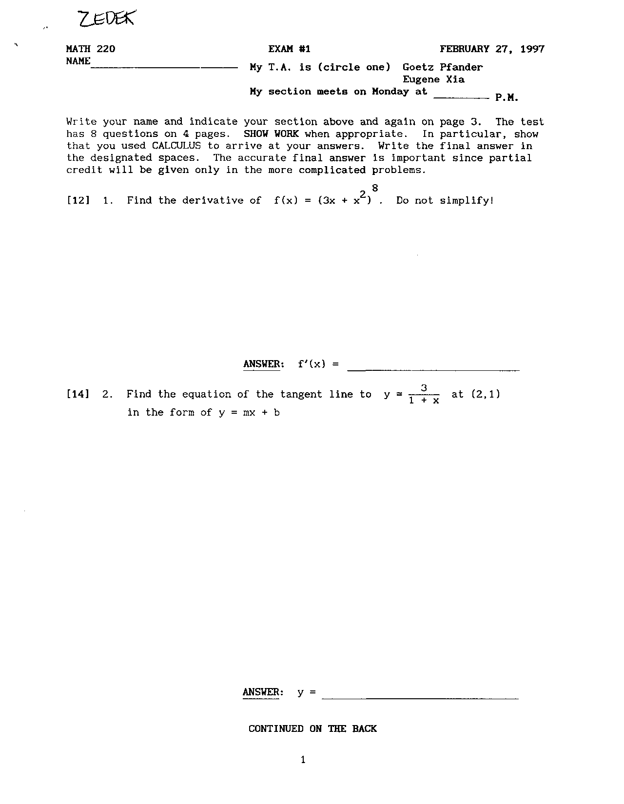 8 Problems With Answers On Elementary Calculus I Exam 1 Math 220