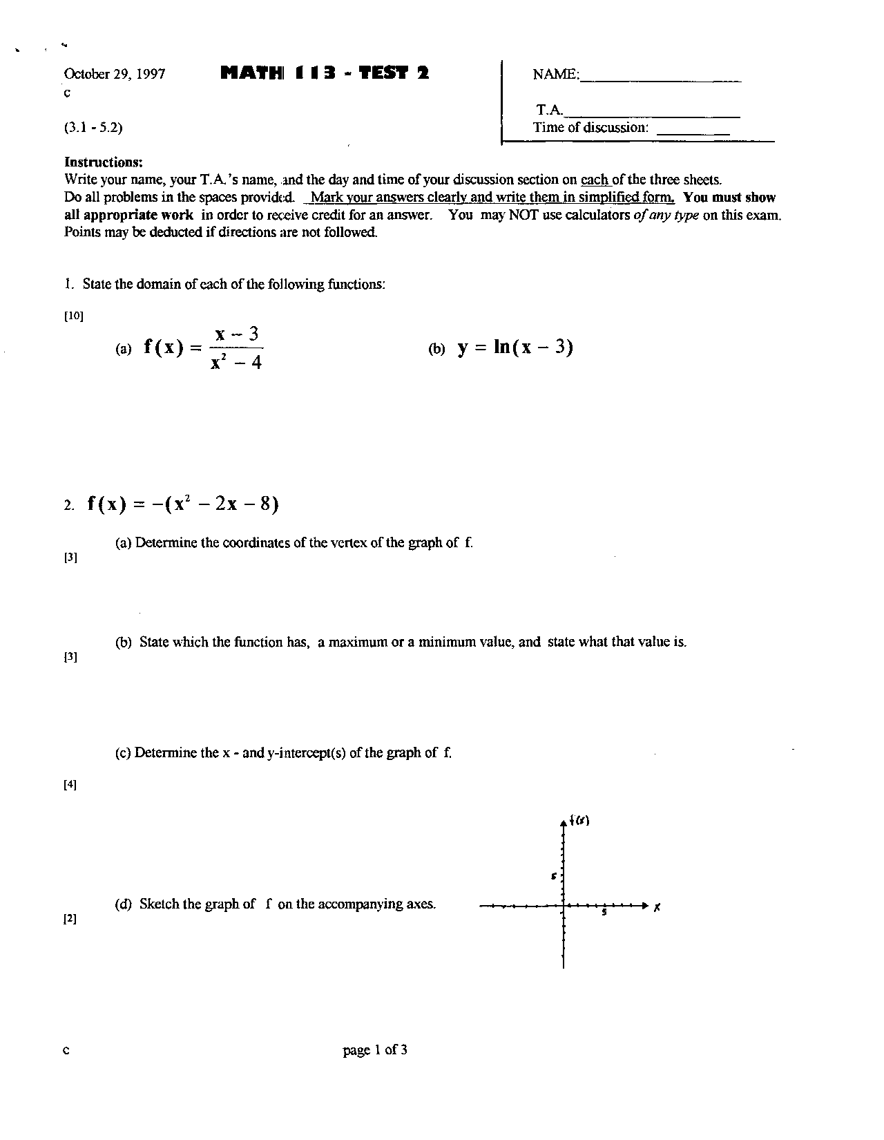 9 Solved Questions On The Graph Functions Exam 2 Math 113 Docsity