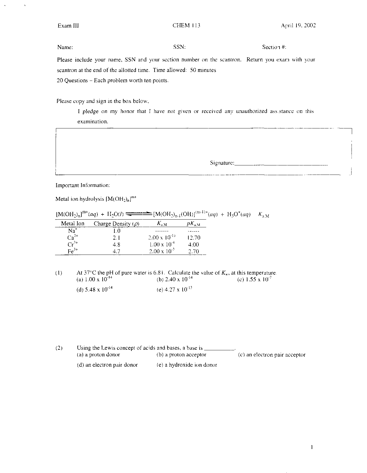 20 Questions In Exam 3 Chemistry Fundamentals I Chem 271 Docsity