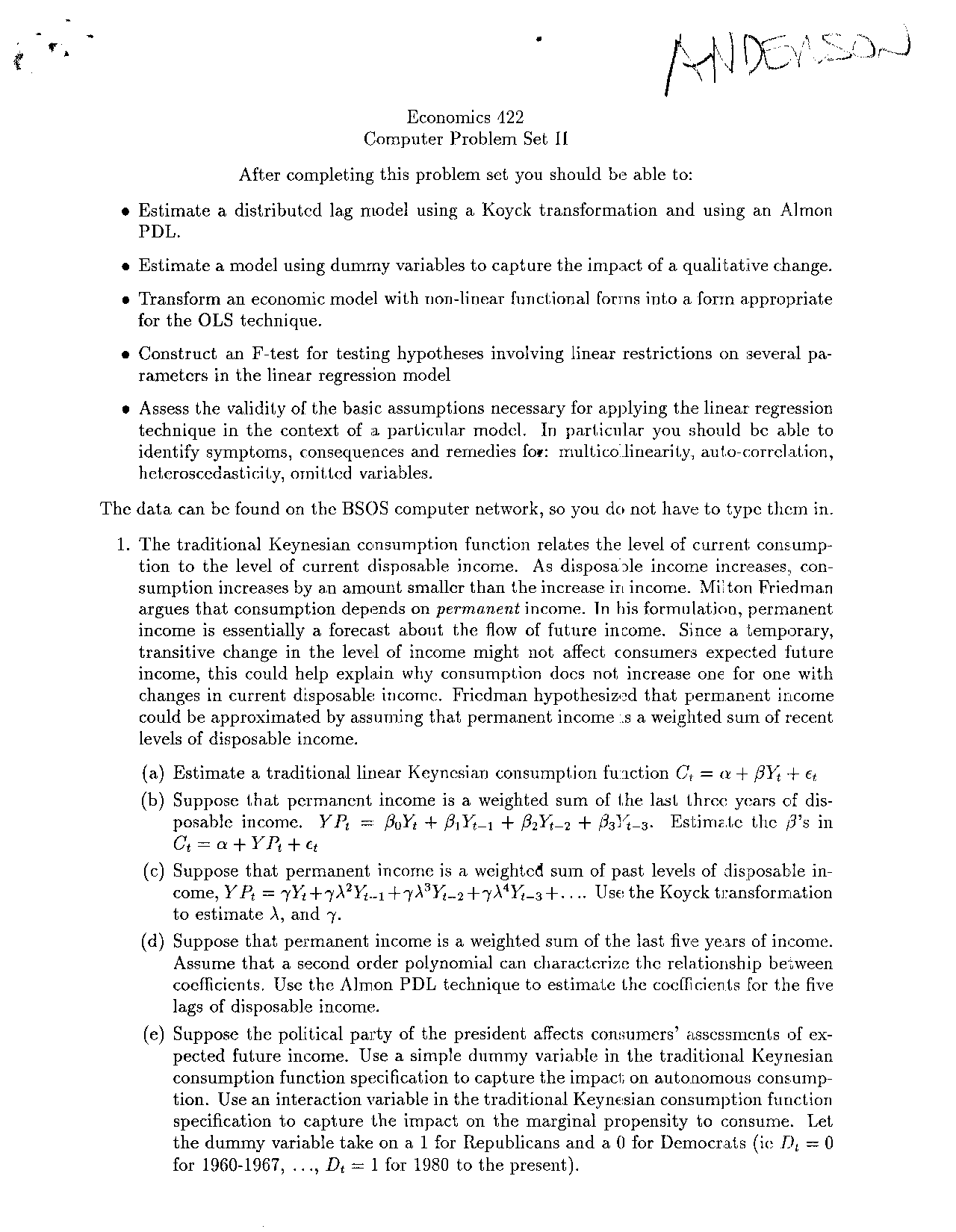 Economics Problem Set: Estimating Economic Models and Diagnosing Issues | Study Guides, Projects ...