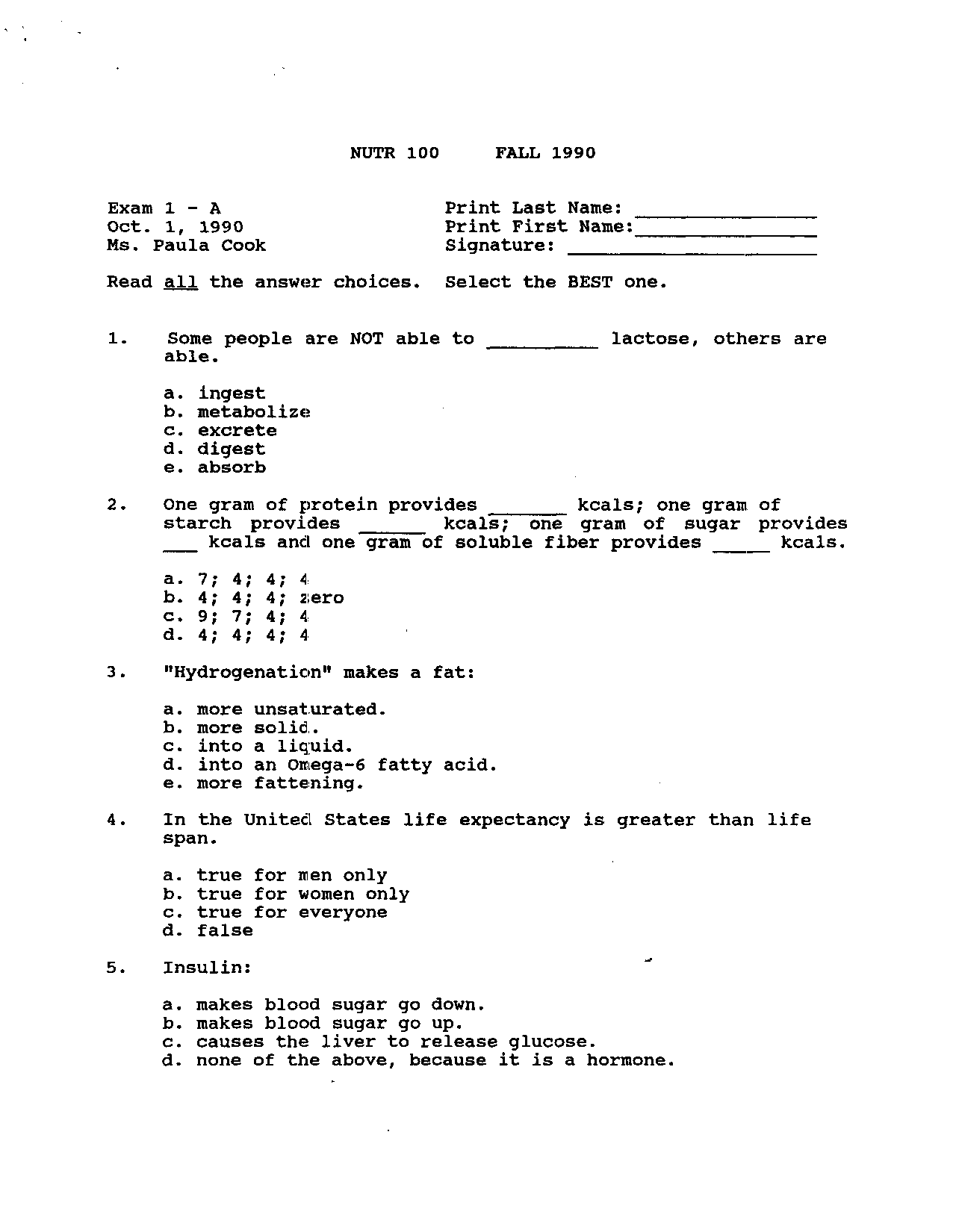 Exam 1 Questions for Elements of Nutrition | NFSC 100 - Docsity