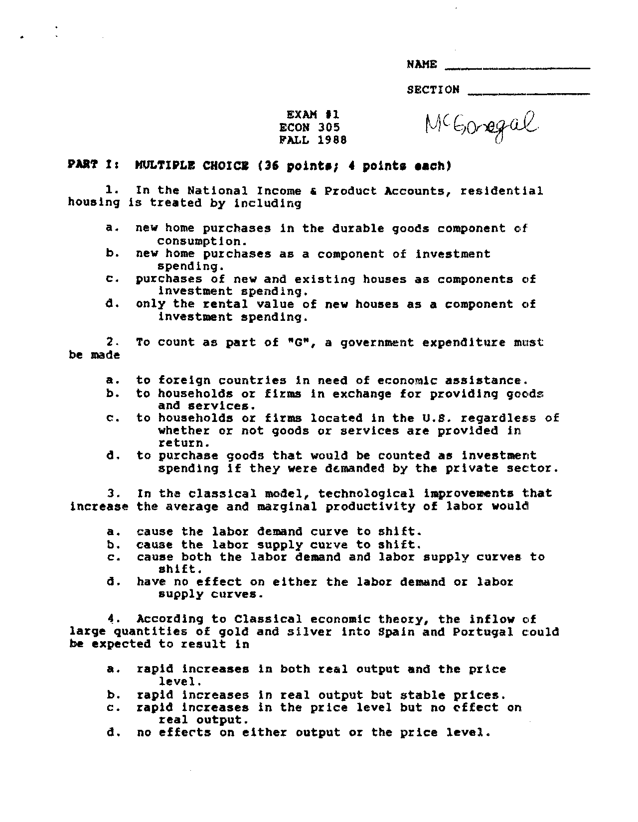 Exam 1 With Multiple Choice Intermediate Macroeconomics Theory Econ