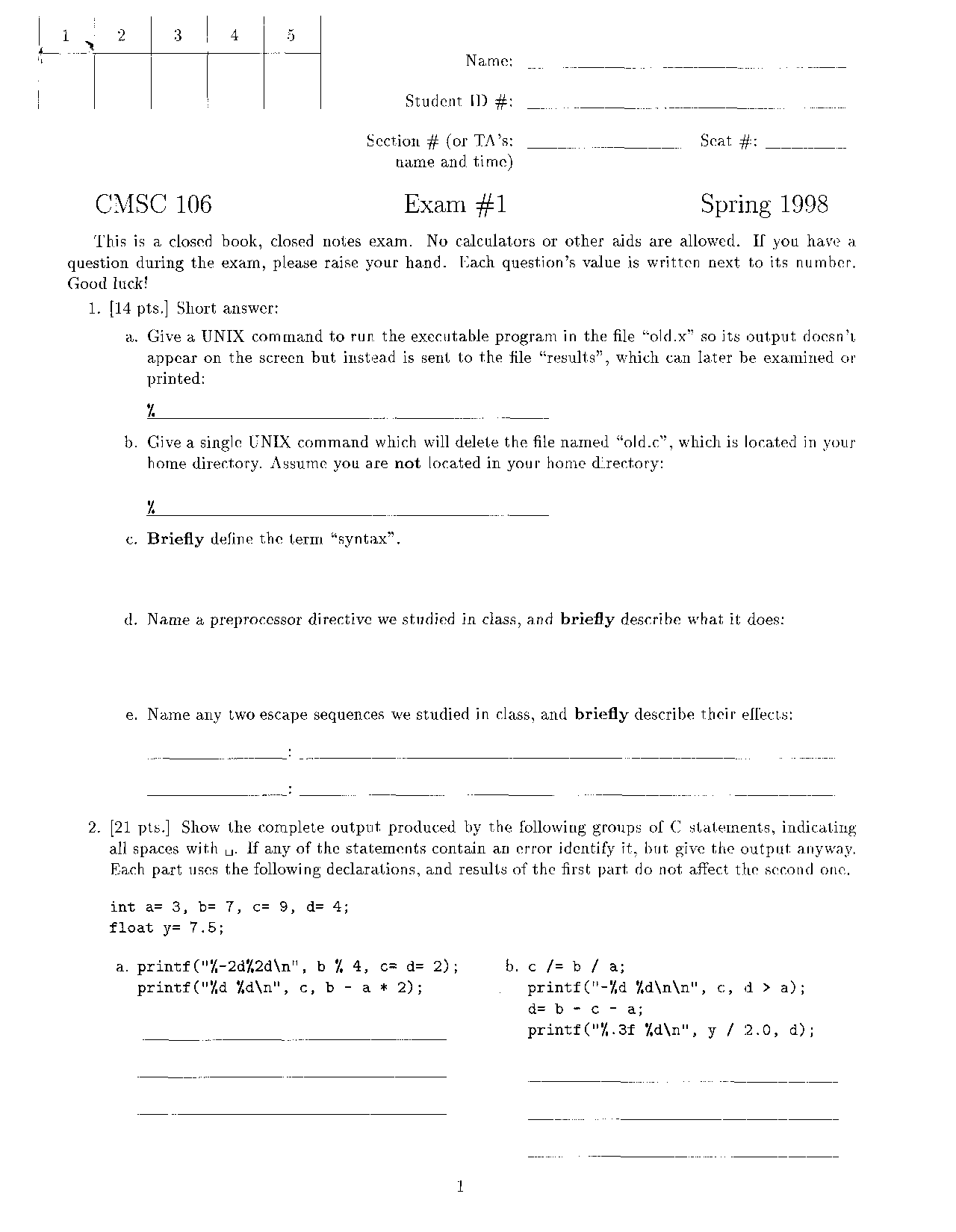 Exam 1 Introduction Computer Programming Spring 1998 Cmsc 106 Docsity