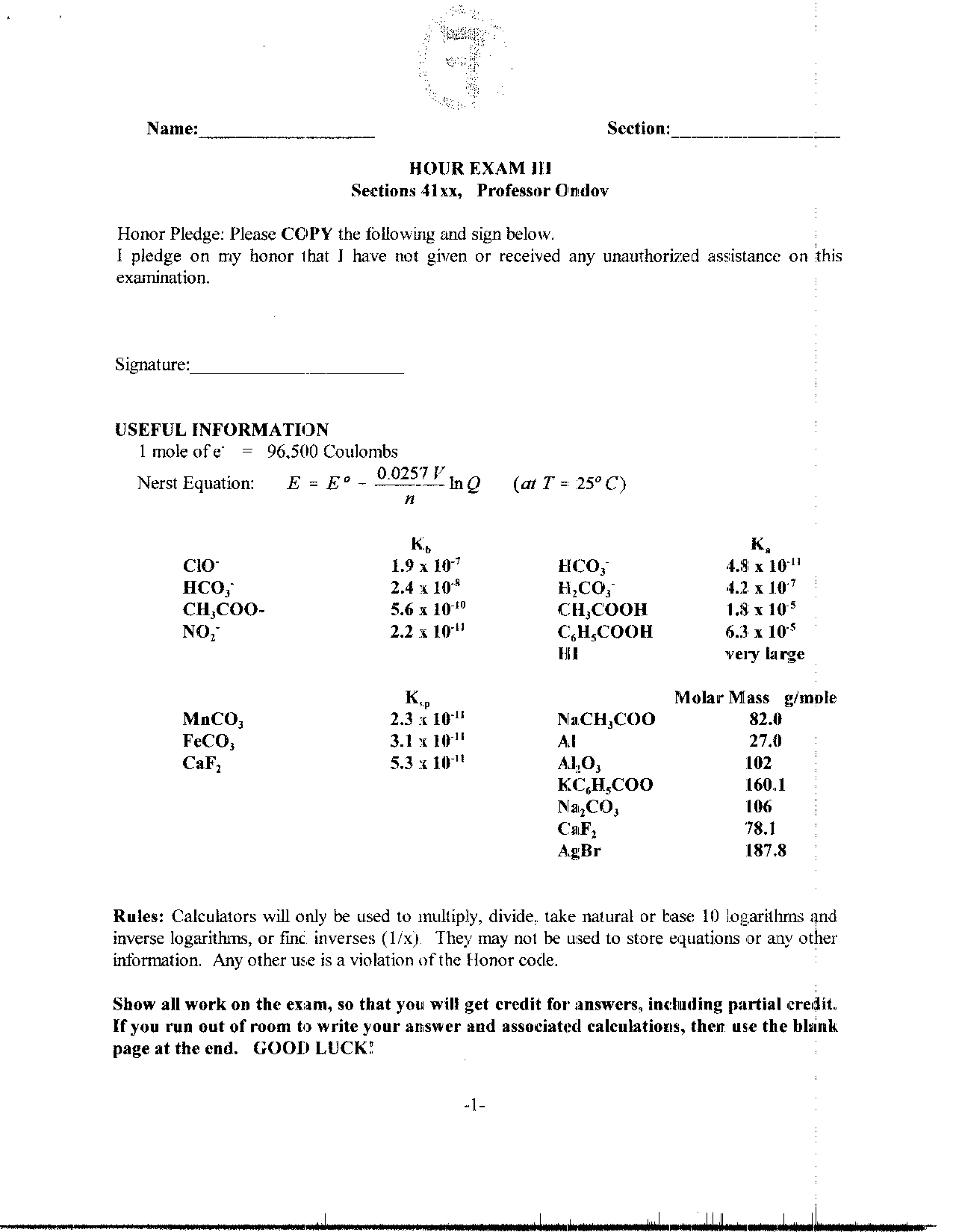 Exam 3 Chemistry Fundamentals Chem 271 Docsity