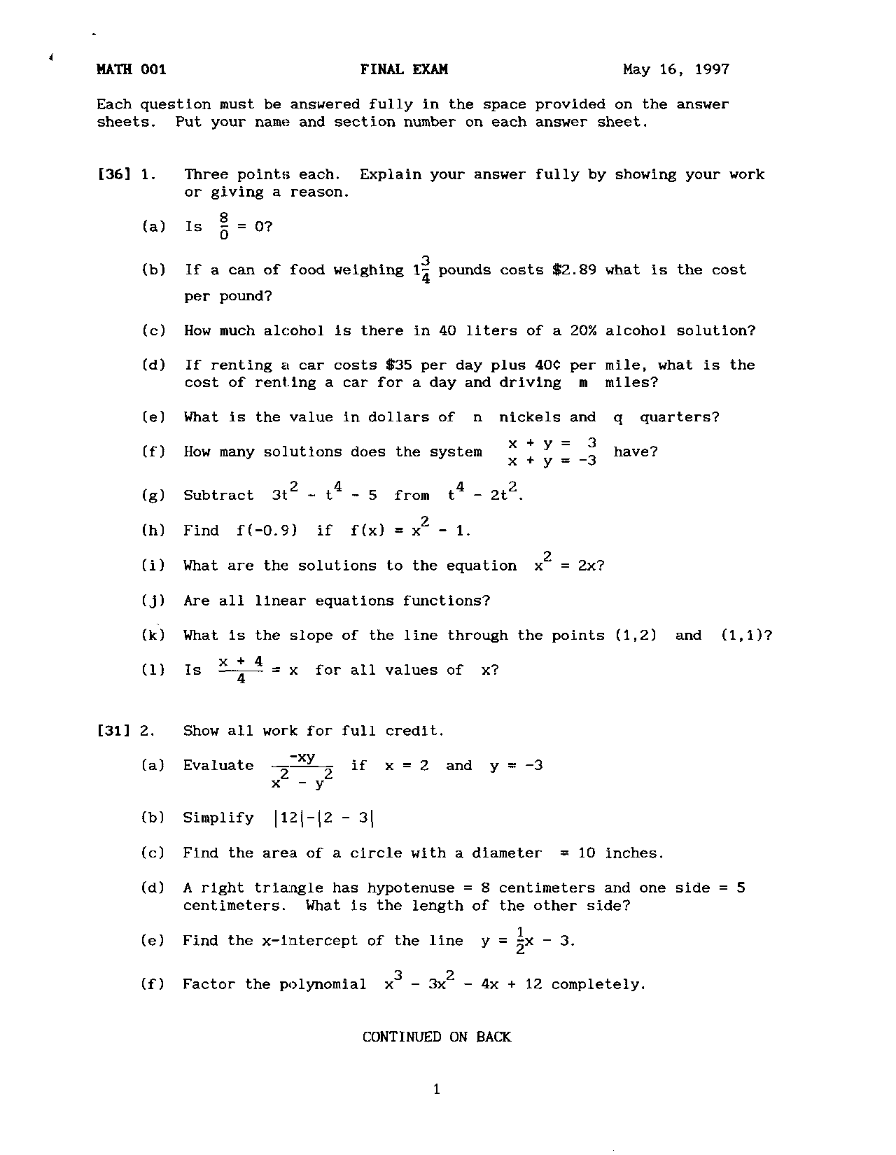 Final Exam With 38 Questions Applied Mathematics Math 001 Docsity