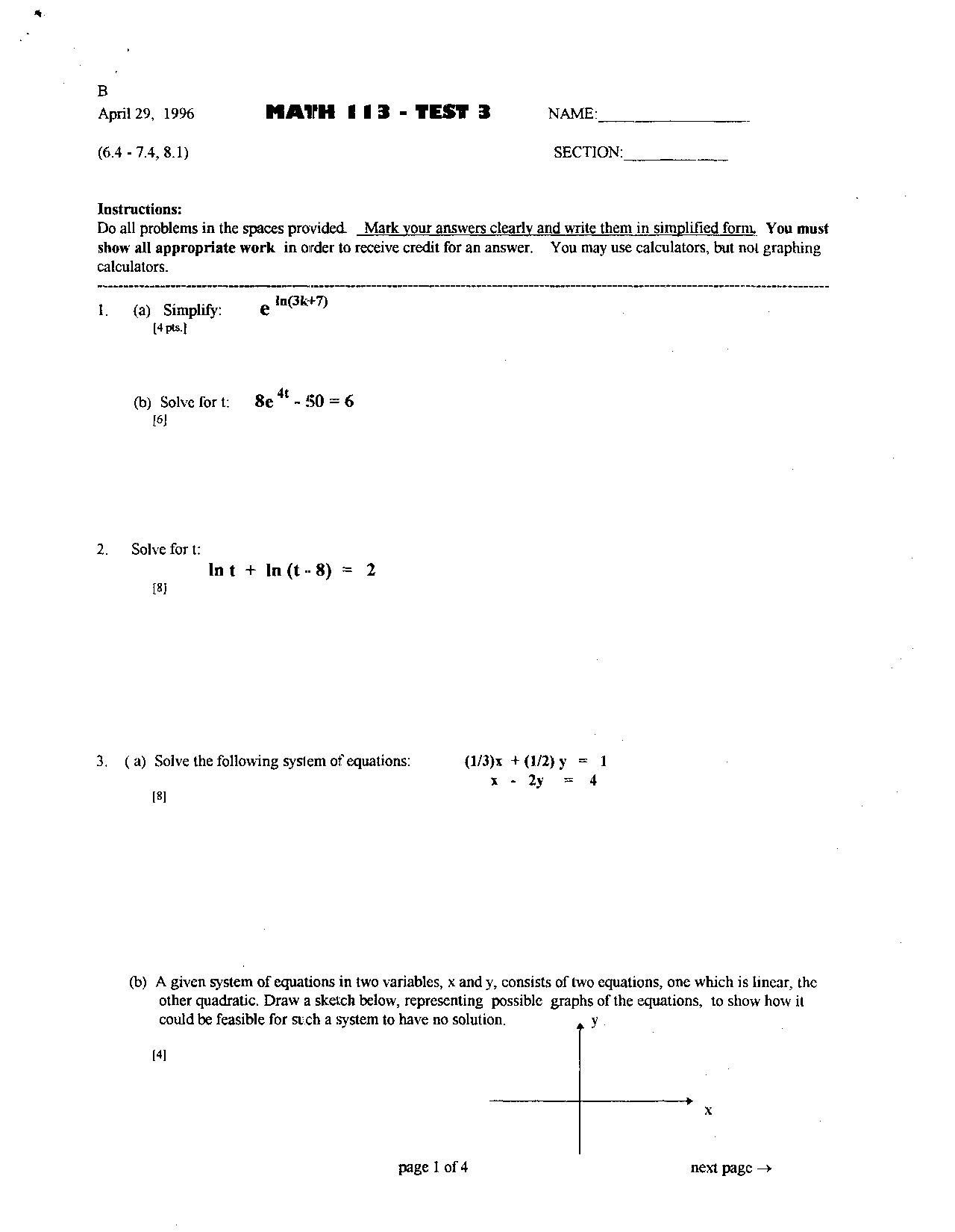 Exam 3 with Solution - College Algebra and Triangular | MATH 113 - Docsity