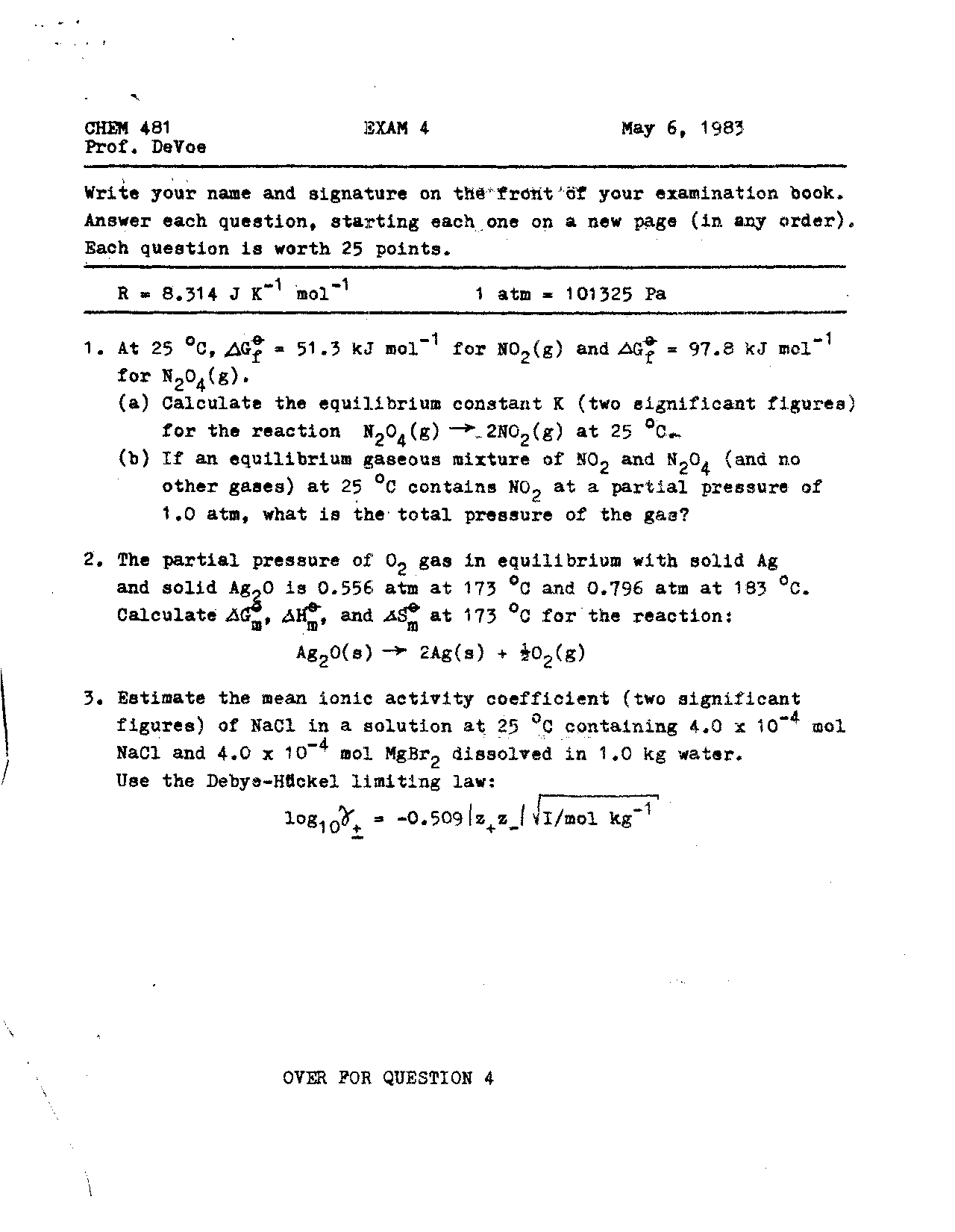 Exam 4 Questions Physical Chemistry I 1983 Chem 481 Docsity
