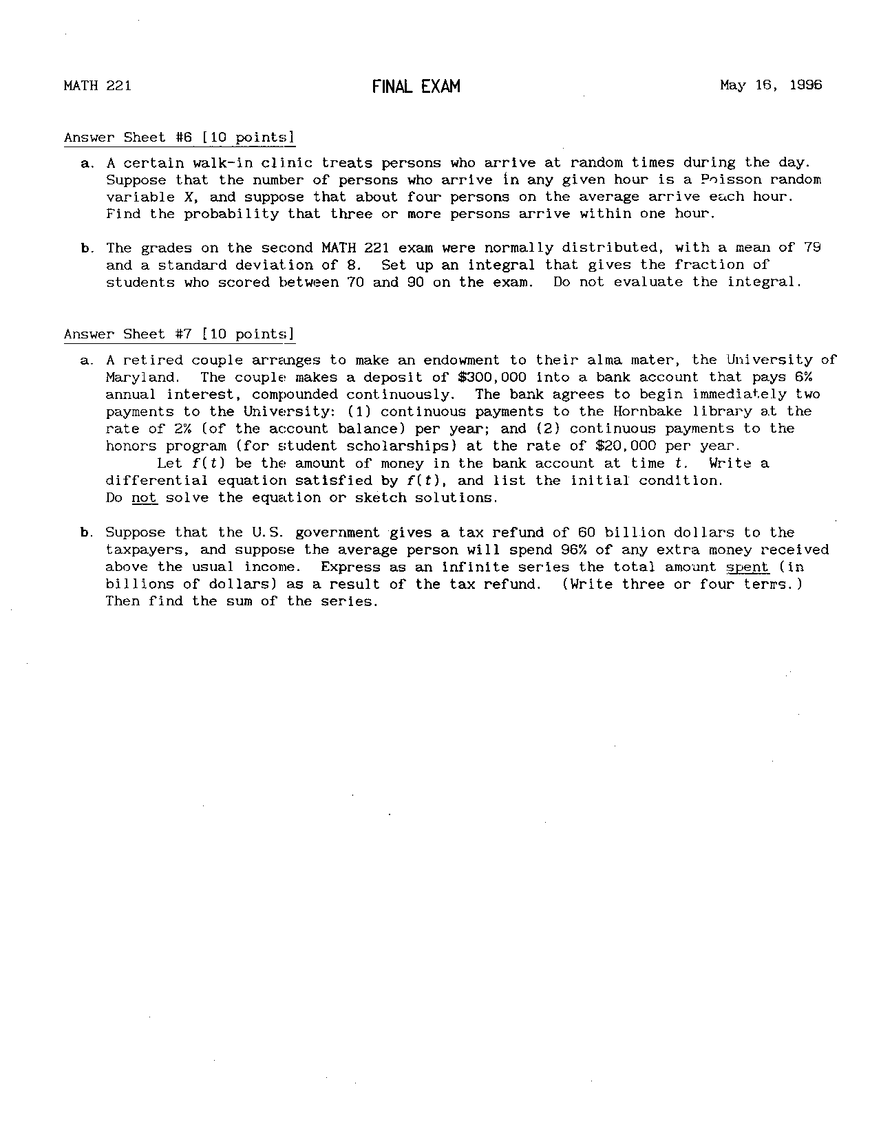 Final Exam Question Paper Elementary Calculus Ii Math 221 Docsity