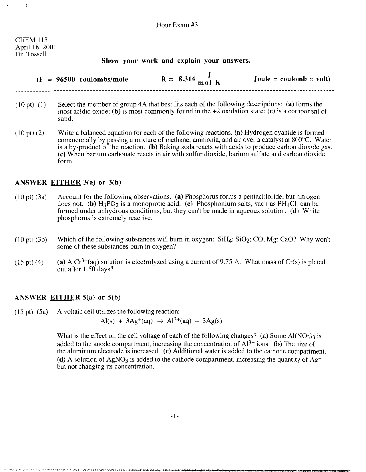 Chemistry Fundamentals Ii Exam 3 With Answers Chem 271 Docsity