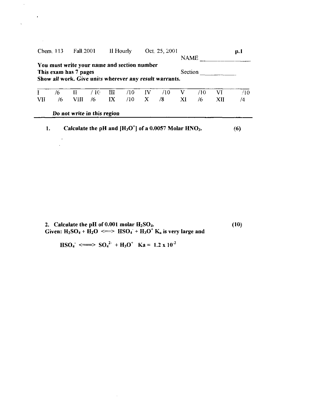 Exam 2 Chemistry Fundamentals I Fall 2001 Chem 271 Docsity