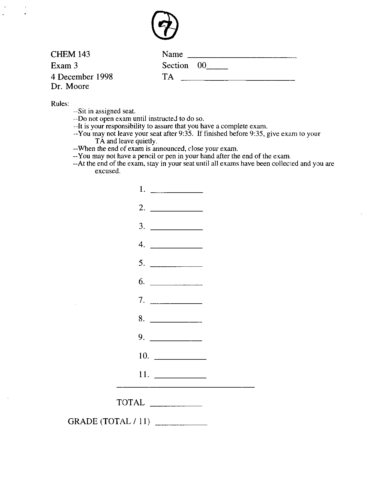 11 Questions On Chemical Fundamentals I Exam 3 Chem 131 Docsity