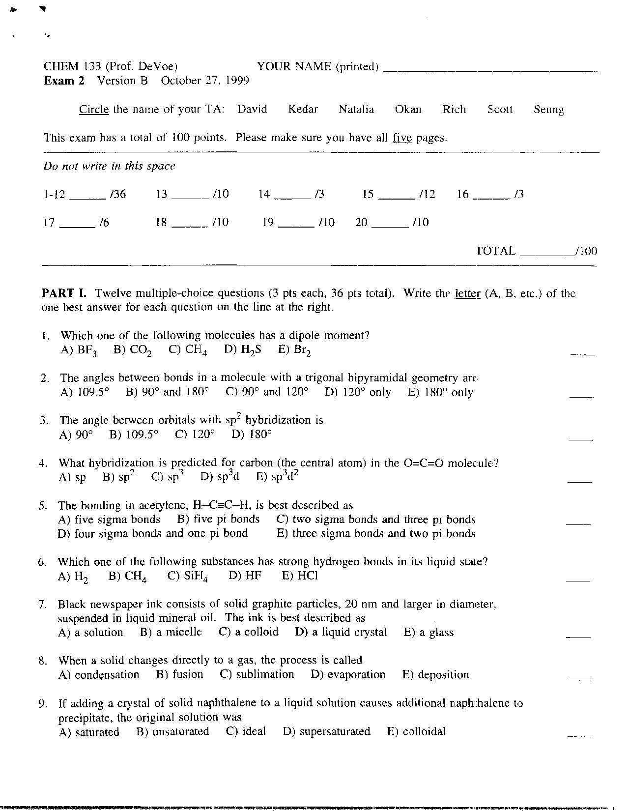 Exam 2 Version B For General Chemistry For Engineers Chem 135 Docsity