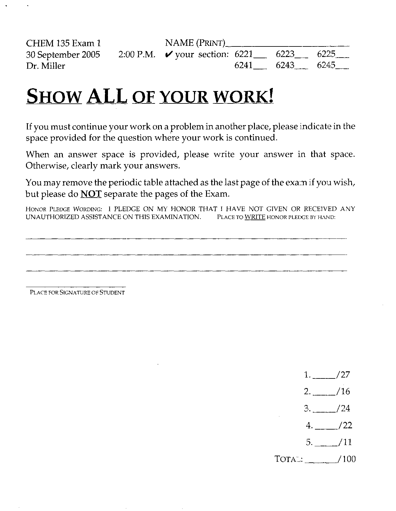 Exam 1 General Chemistry For Engineers Fall 2005 Chem 135 Docsity