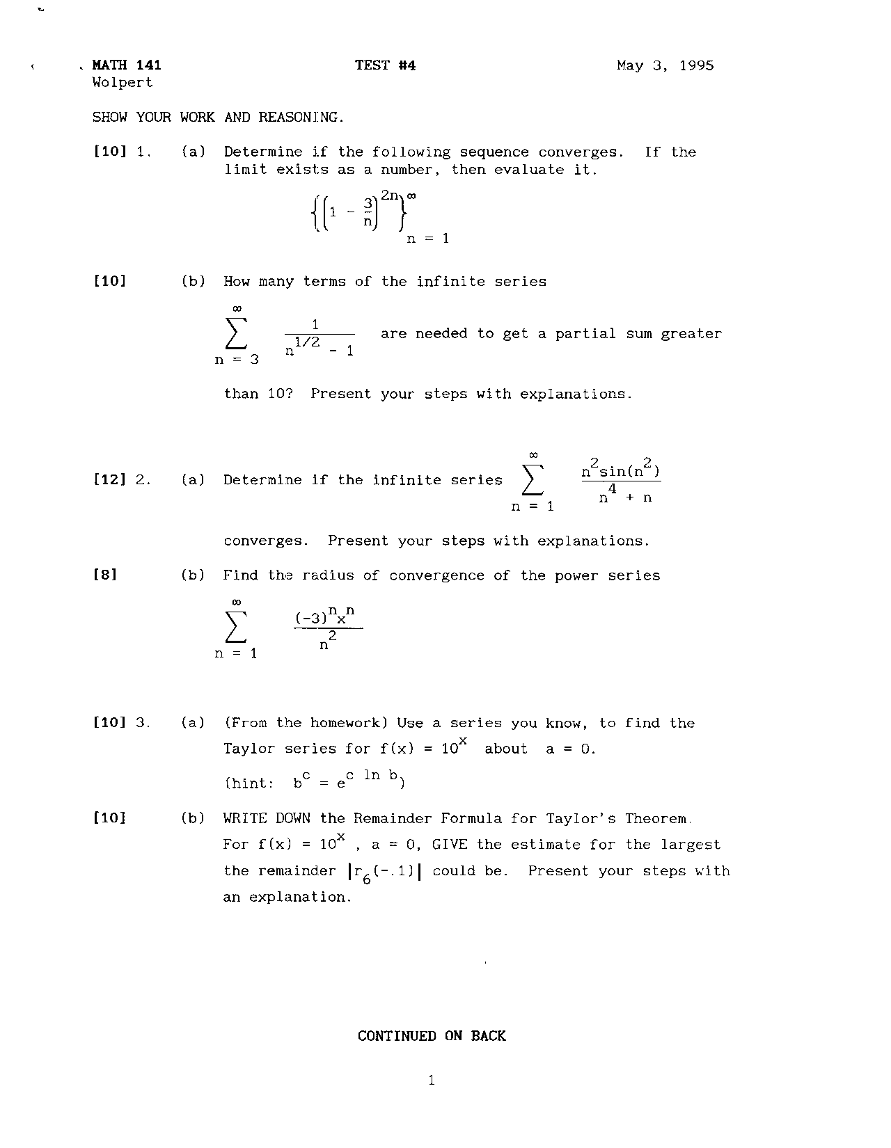 Test 4 with 5 Questions - Calculus II | MATH 141 - Docsity