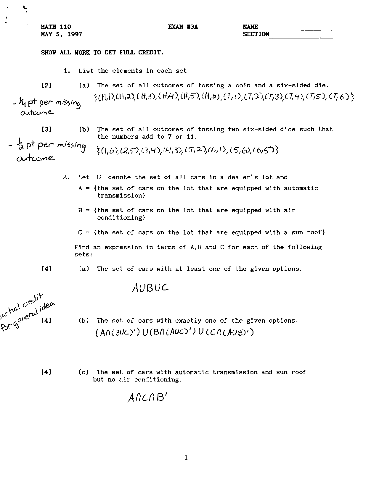 Solution To Exam 3a Elementary Mathematical Models Math 110 Docsity