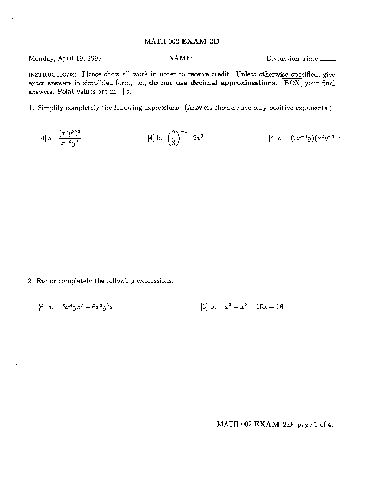 Questions In Exam 2d Developmental Mathematics Math 003 Docsity